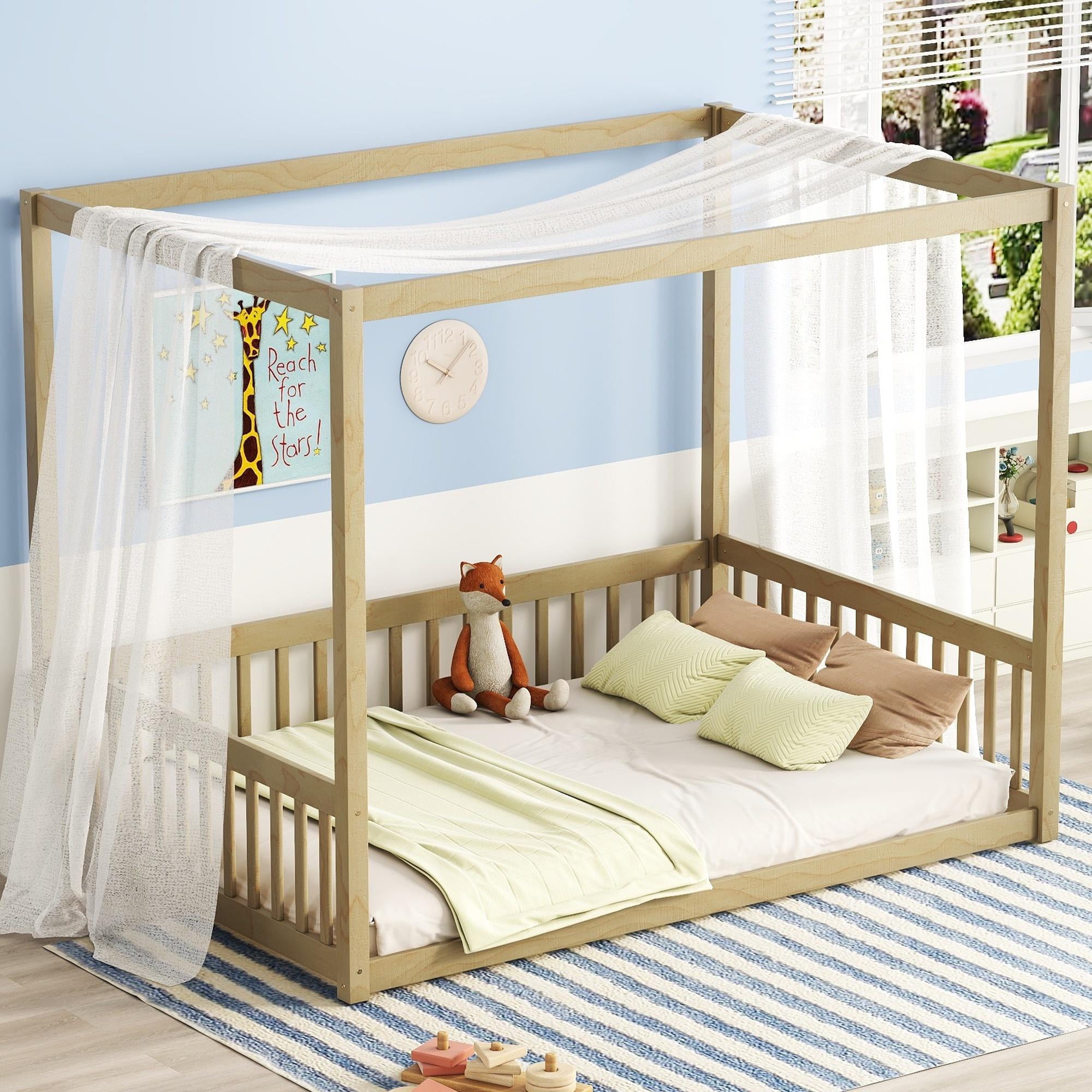 Bellemave Full Size Canopy Bed Frame, Wood 4 Poster Tents Floor Bed ...