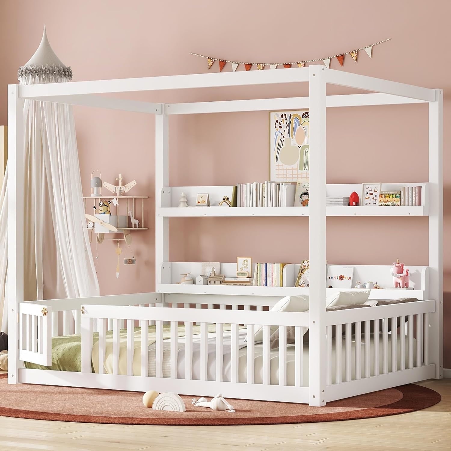 Bellemave Full Size Canopy Bed with Rails, Solid Wood Montessori Bed ...