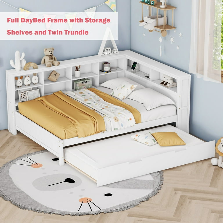 Bellemave Full Size Daybed with Built in Bookshelf Charging Station and Storage Trundle No Box Spring Needed White Walmart