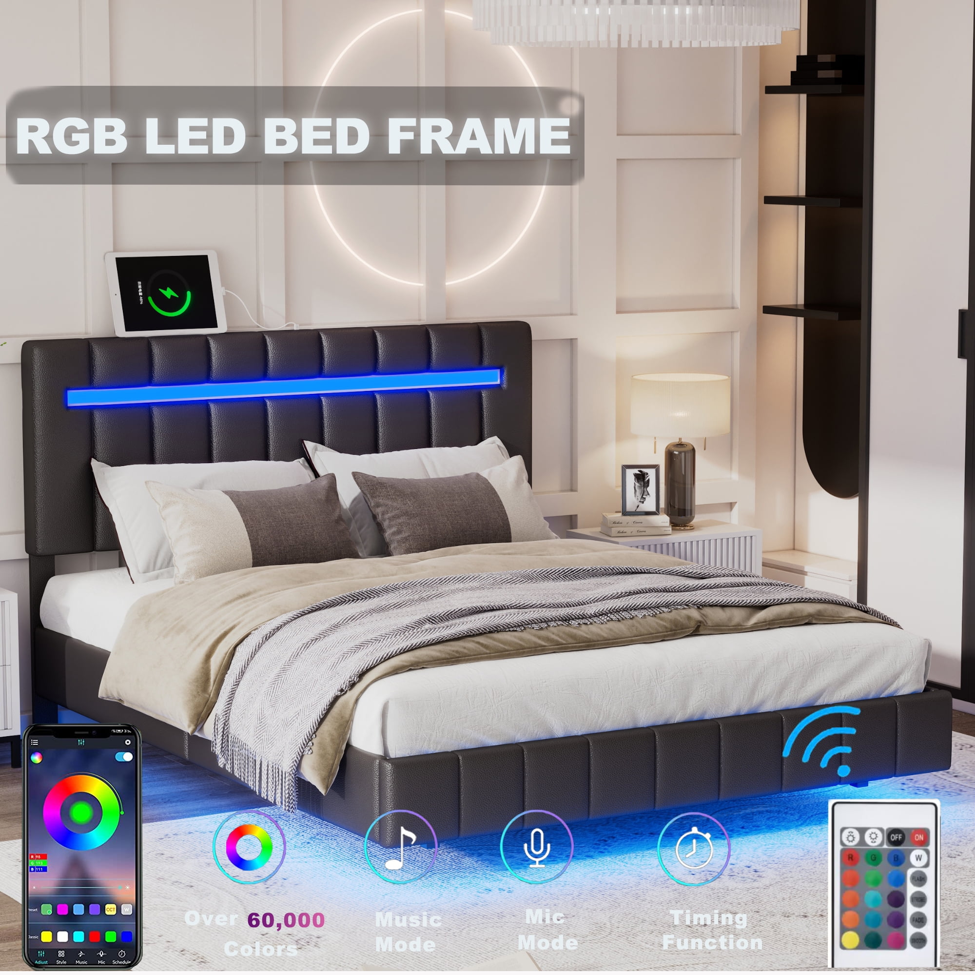 Bellemave Full Size Bed with RGB LED, USB Port, Adjustable Headboard ...
