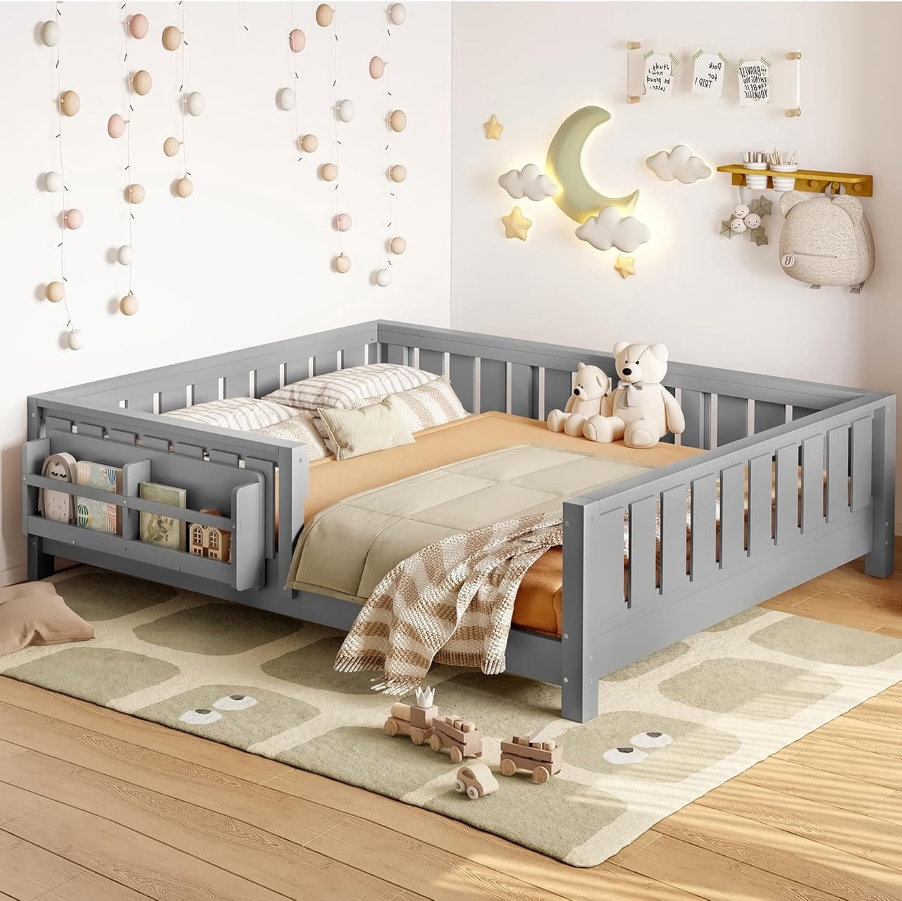 Bellemave Full Size Floor Bed with Bookshelf, Wood Montessori Beds with ...