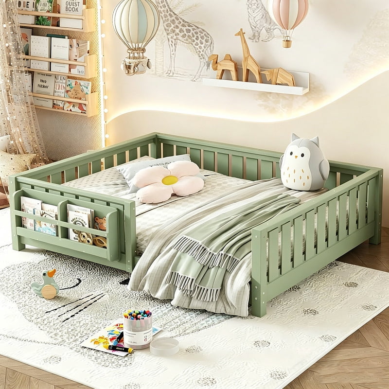 Bellemave Full Size Floor Bed with Bookshelf, Wood Montessori Beds with ...