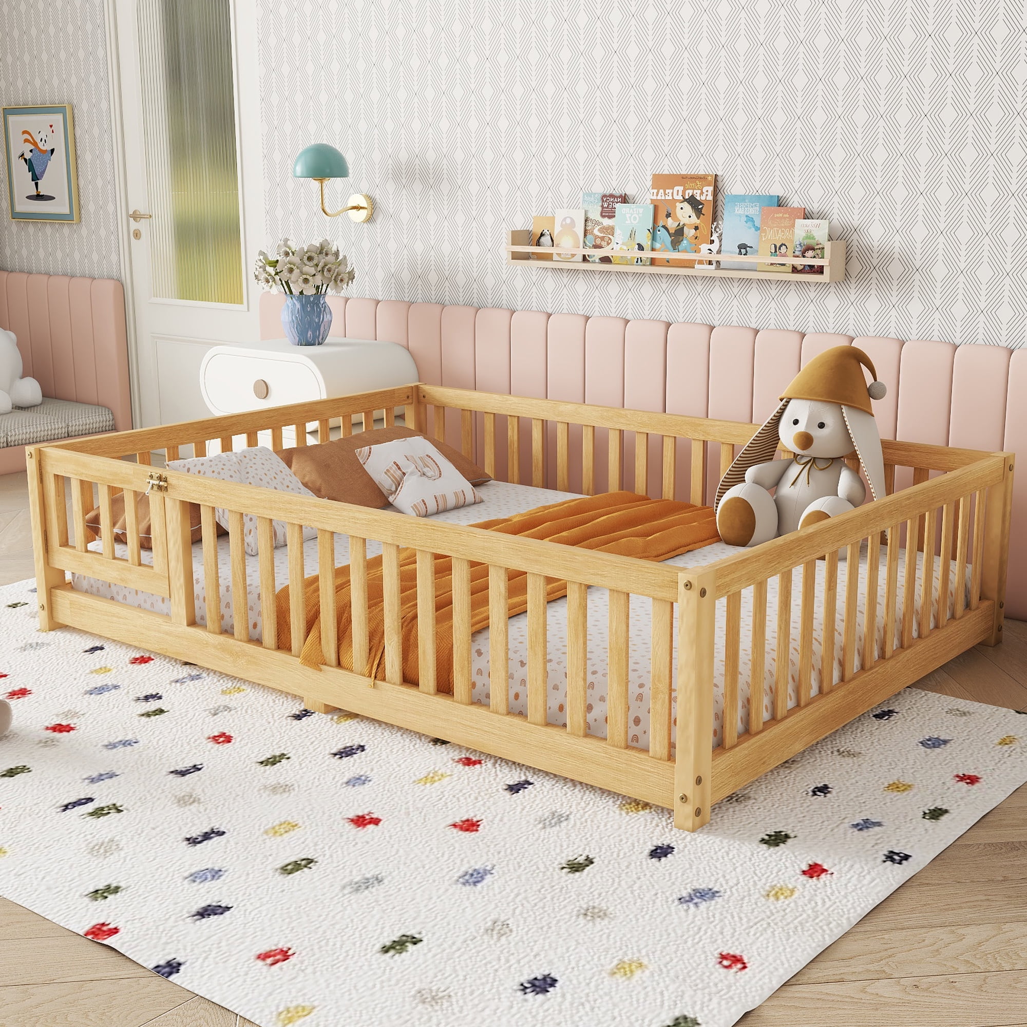 Bellemave Full Size Floor Bed with Door, Fence, Bed Slats - Wood ...