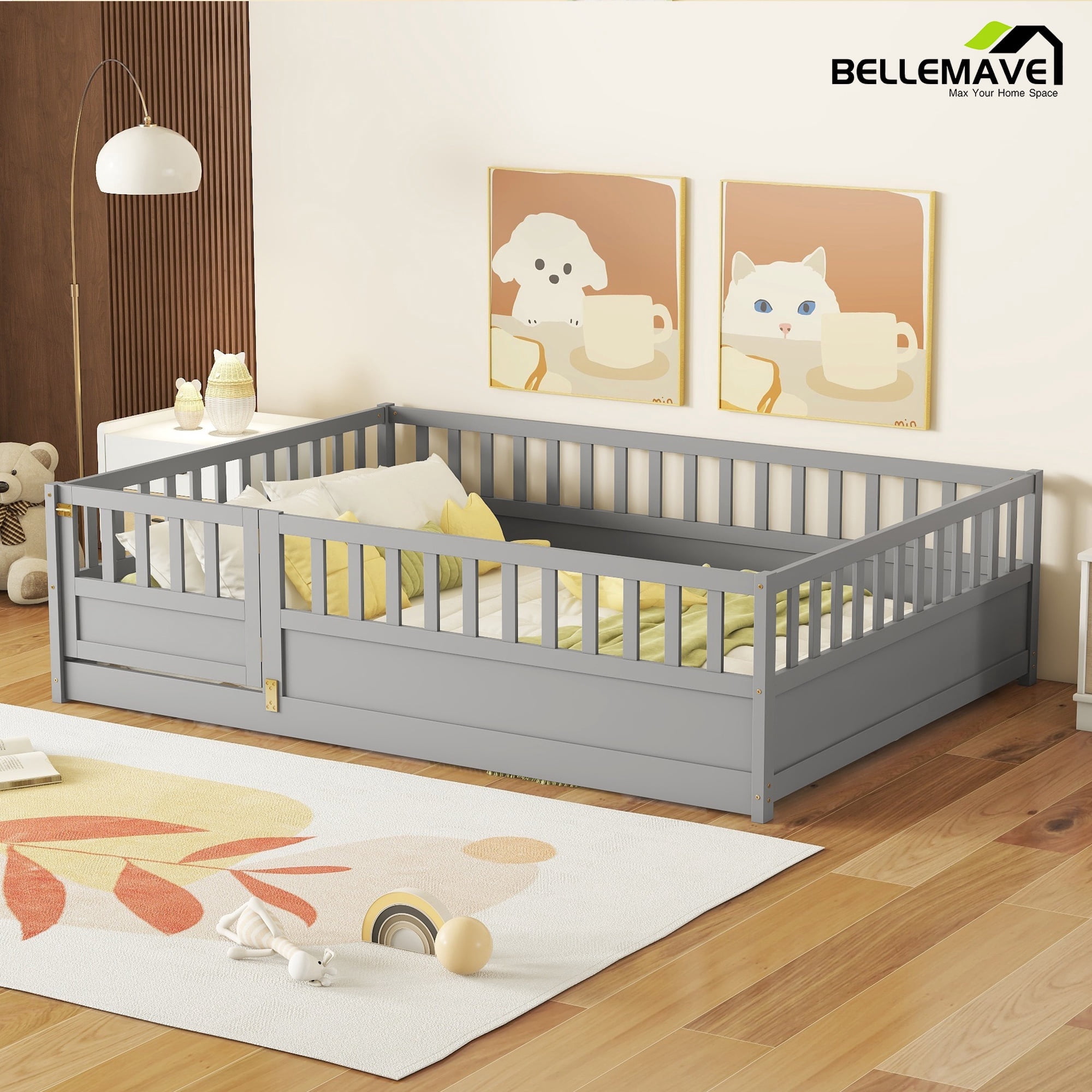 Bellemave Full Size Floor Bed with Door and High Fence Guardrails Floor ...