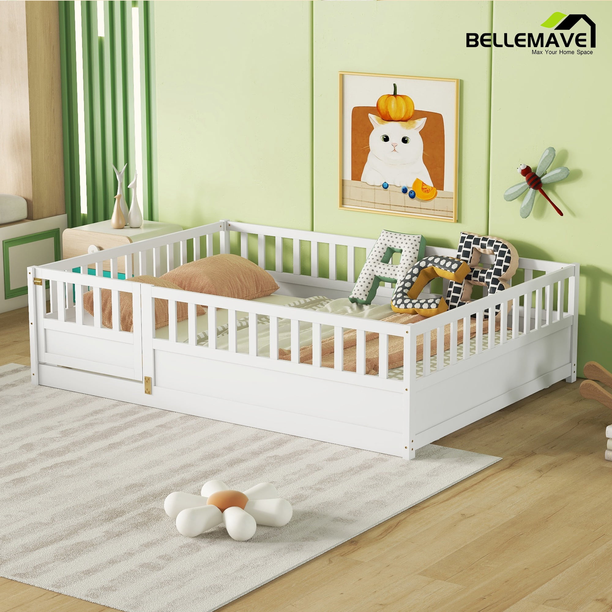 Bellemave Full Size Floor Bed with Door and High Fence Guardrails ...