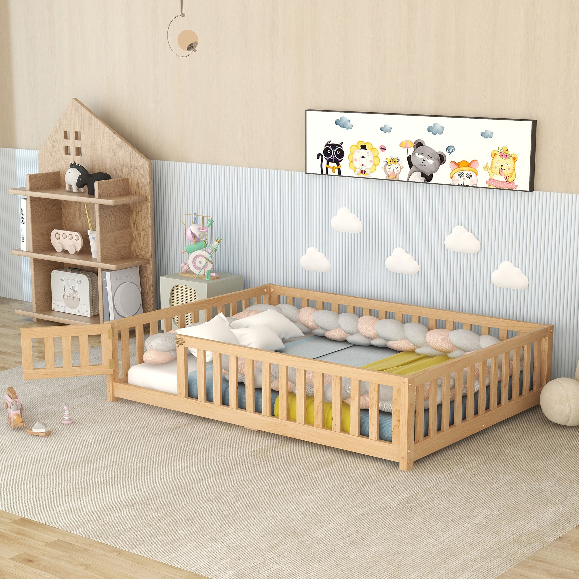 Bellemave Kids Full-Size Floor Bed Frame, Wood w/ Lockable Door ...