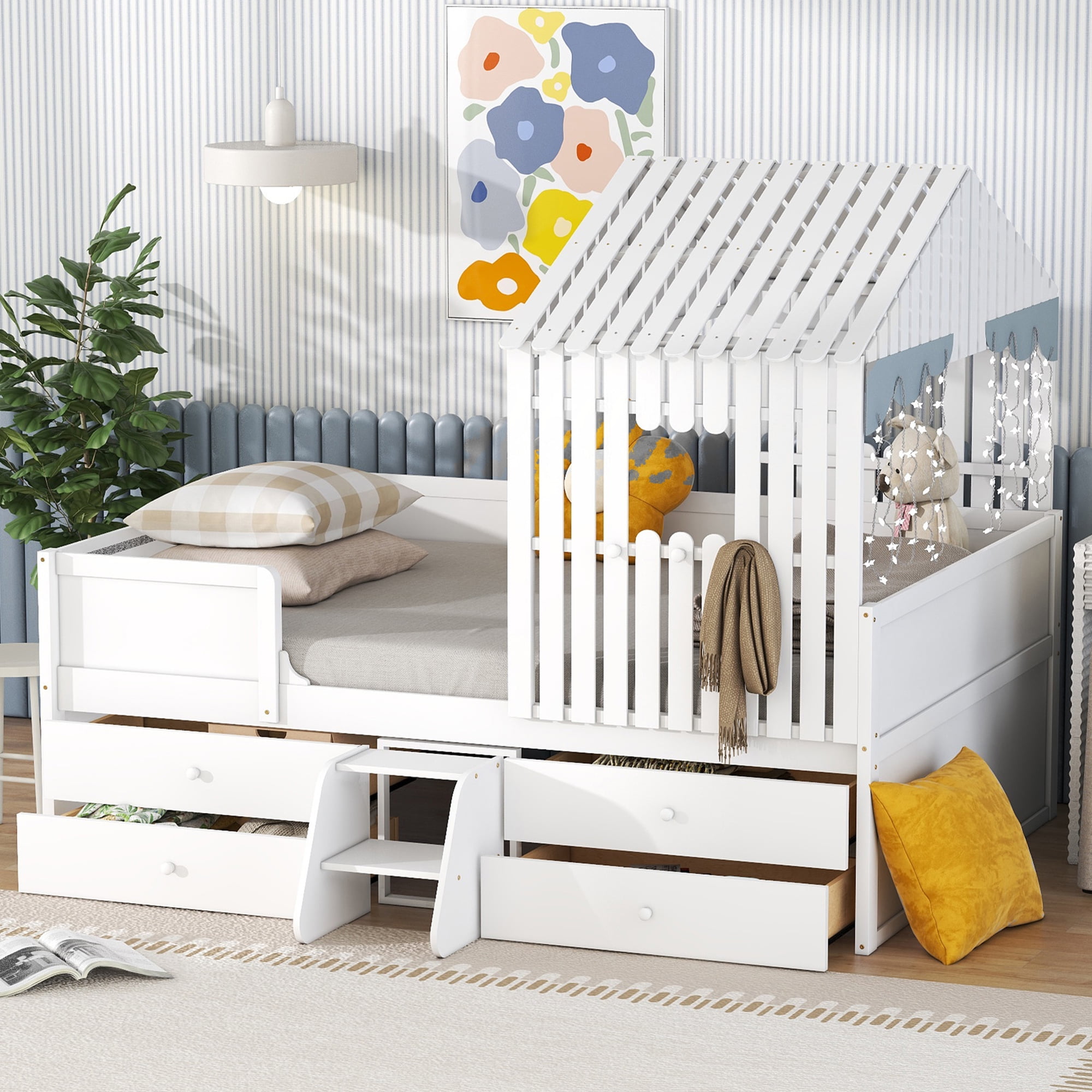 Bellemave Kids Wooden House Bed with Storage, Solid Wood Platform ...