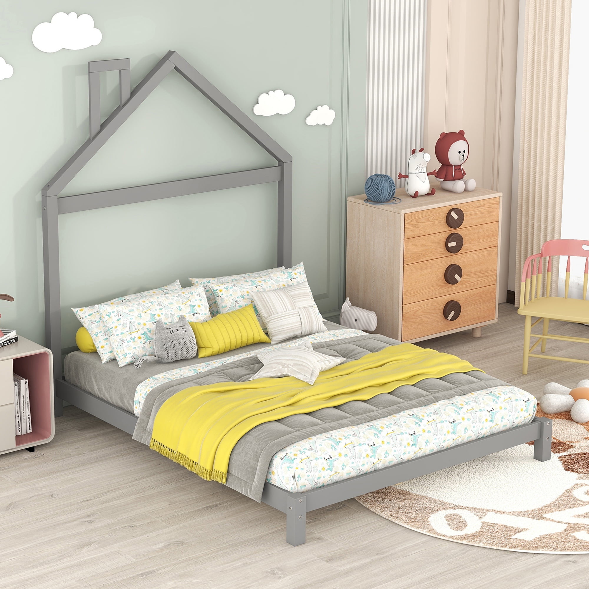 Bellemave Full Size Kids Bed Frame with House-Shaped Headboard, Solid ...