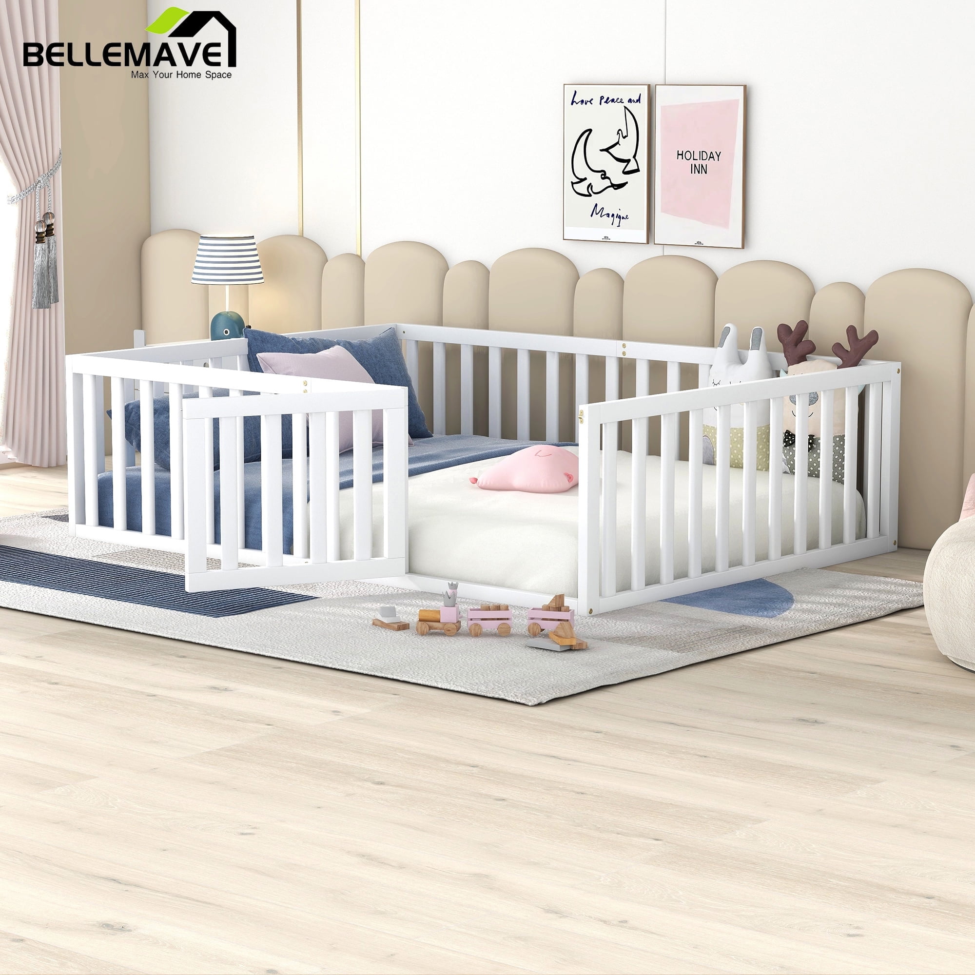 Bellemave Full Size Floor Bed with Fence and Door, Wood Montessori Bed ...