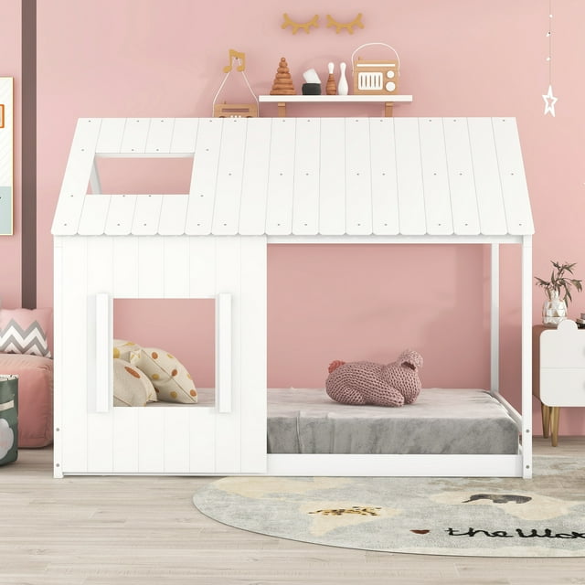 Bellemave Full Size Kids House Bed, Montessori Floor Bed with Roof and ...