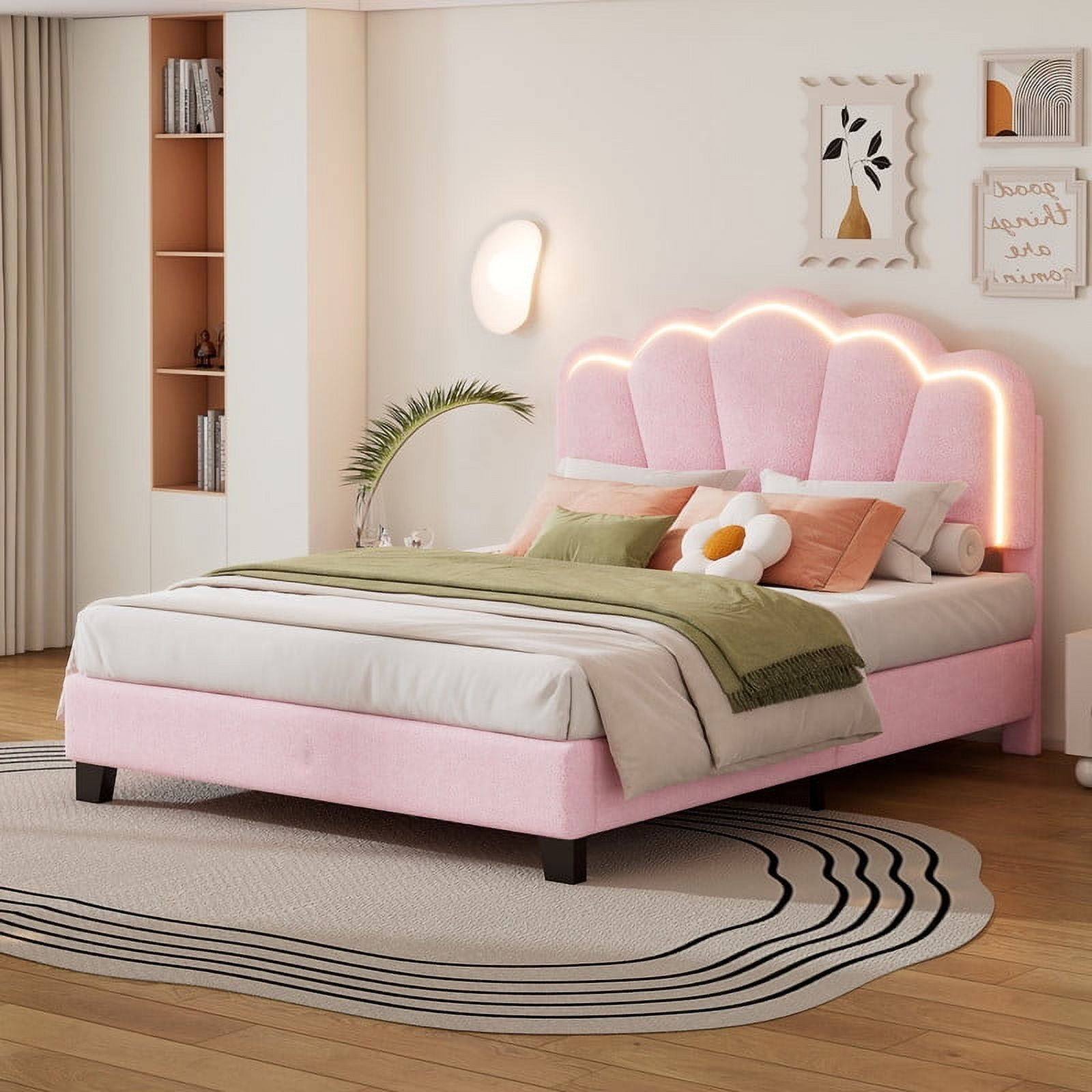 Bellemave LED Tween Upholstery Full Size Floating Bed Frame, Pink ...