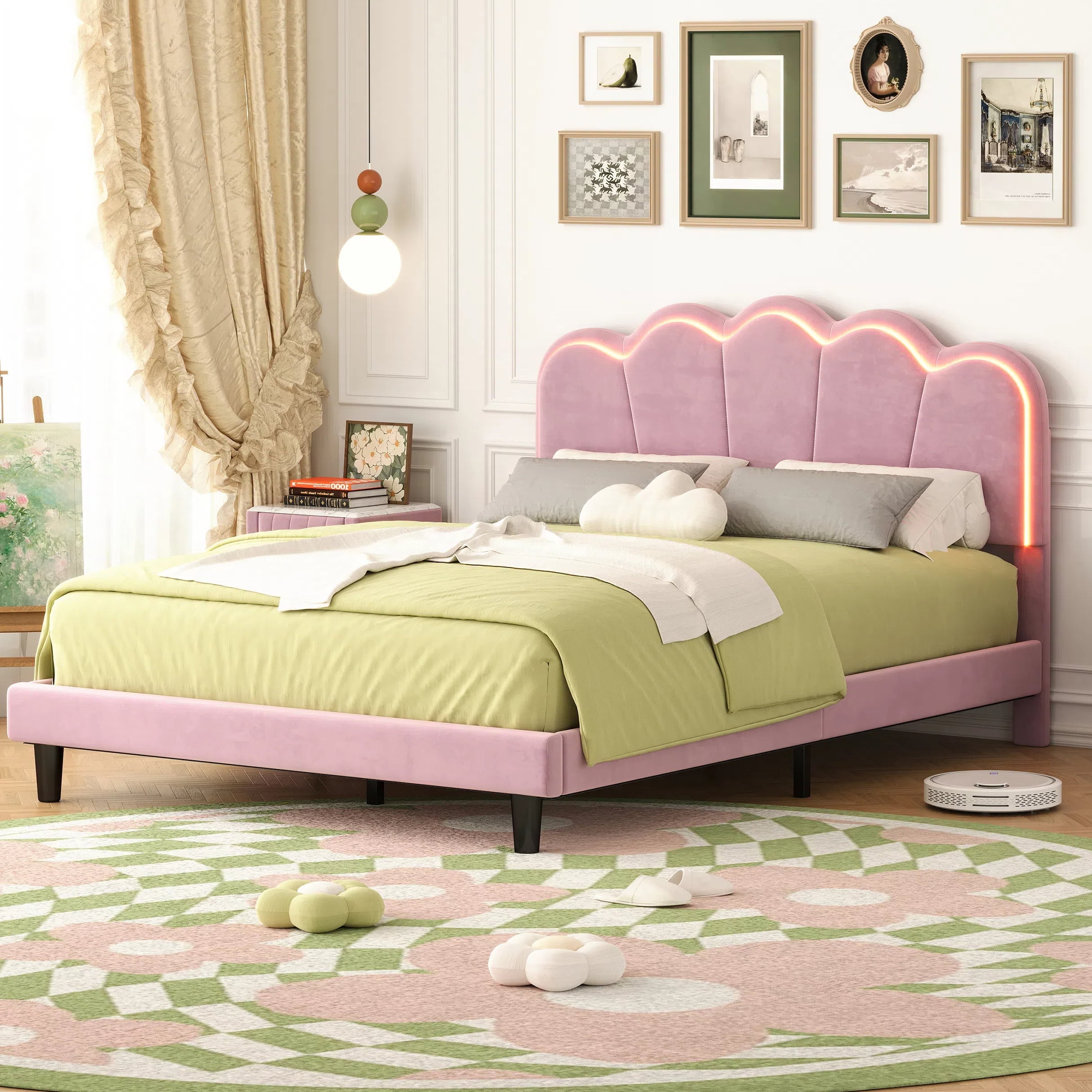 Bellemave LED Tween Upholstery Full Size Floating Bed Frame, Pink ...