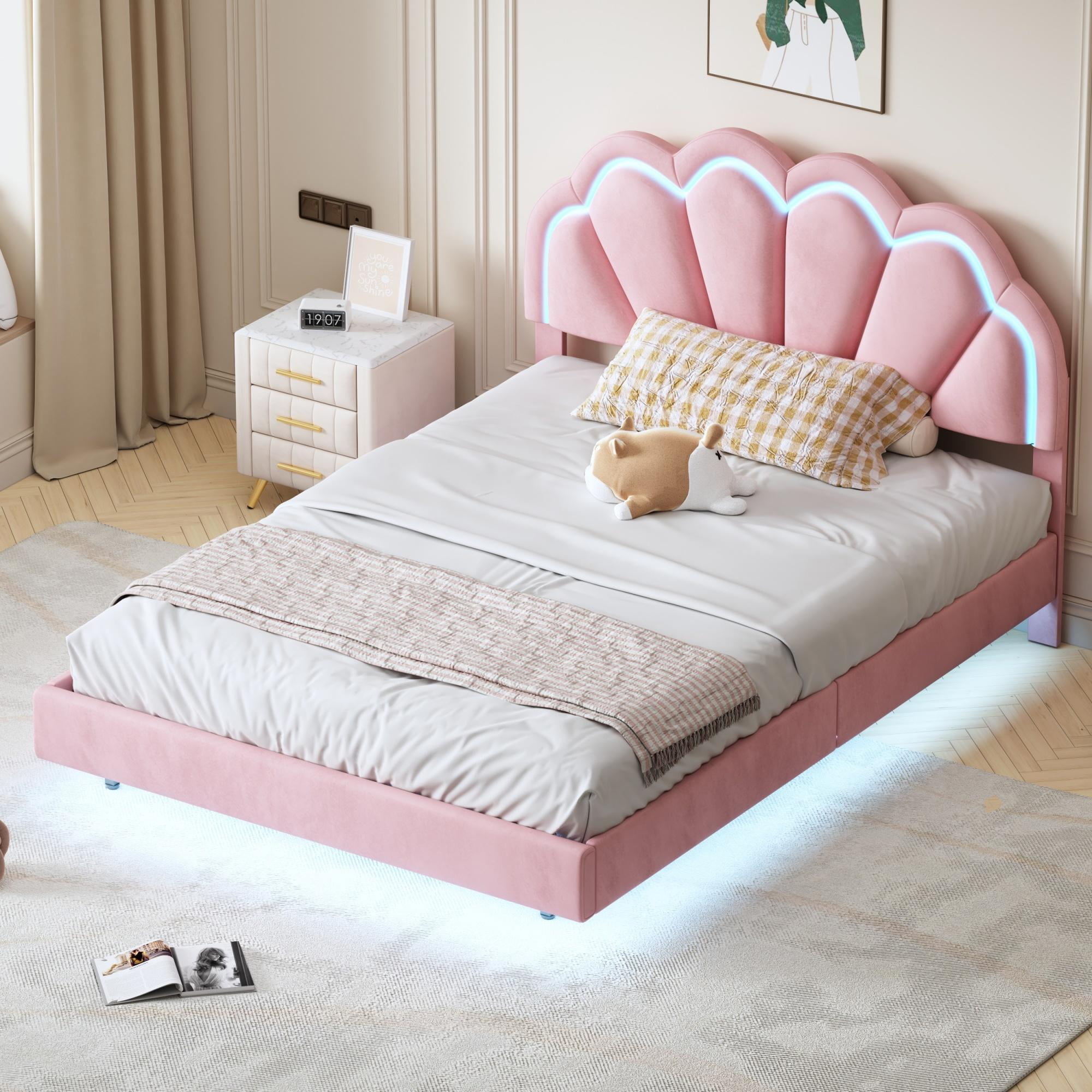 Bellemave Full Size LED Floating Bed Frame, Pink Upholstered Platform ...