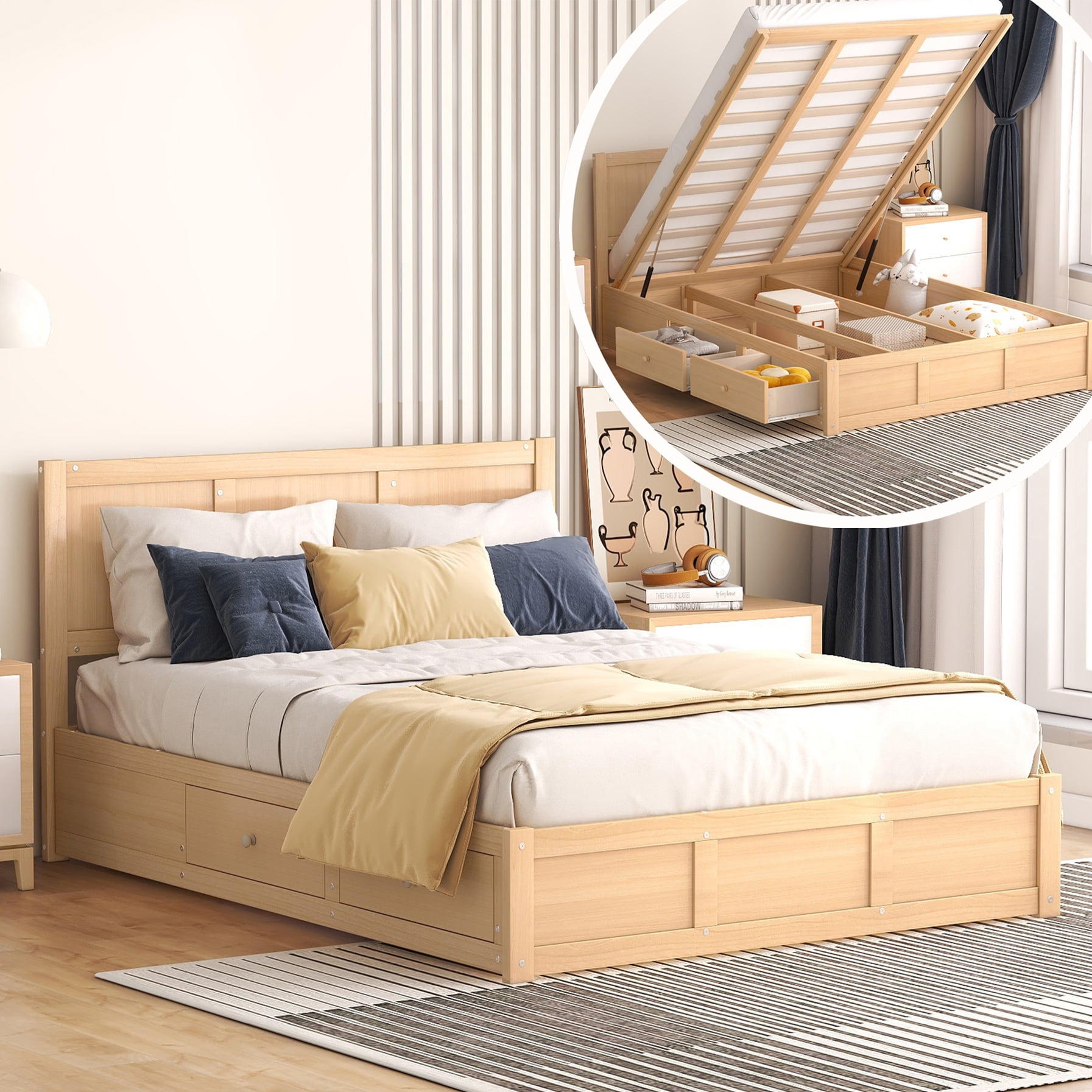 Bellemave Full Size Lift Up Storage Bed, Wood Platform Bed with 2 ...