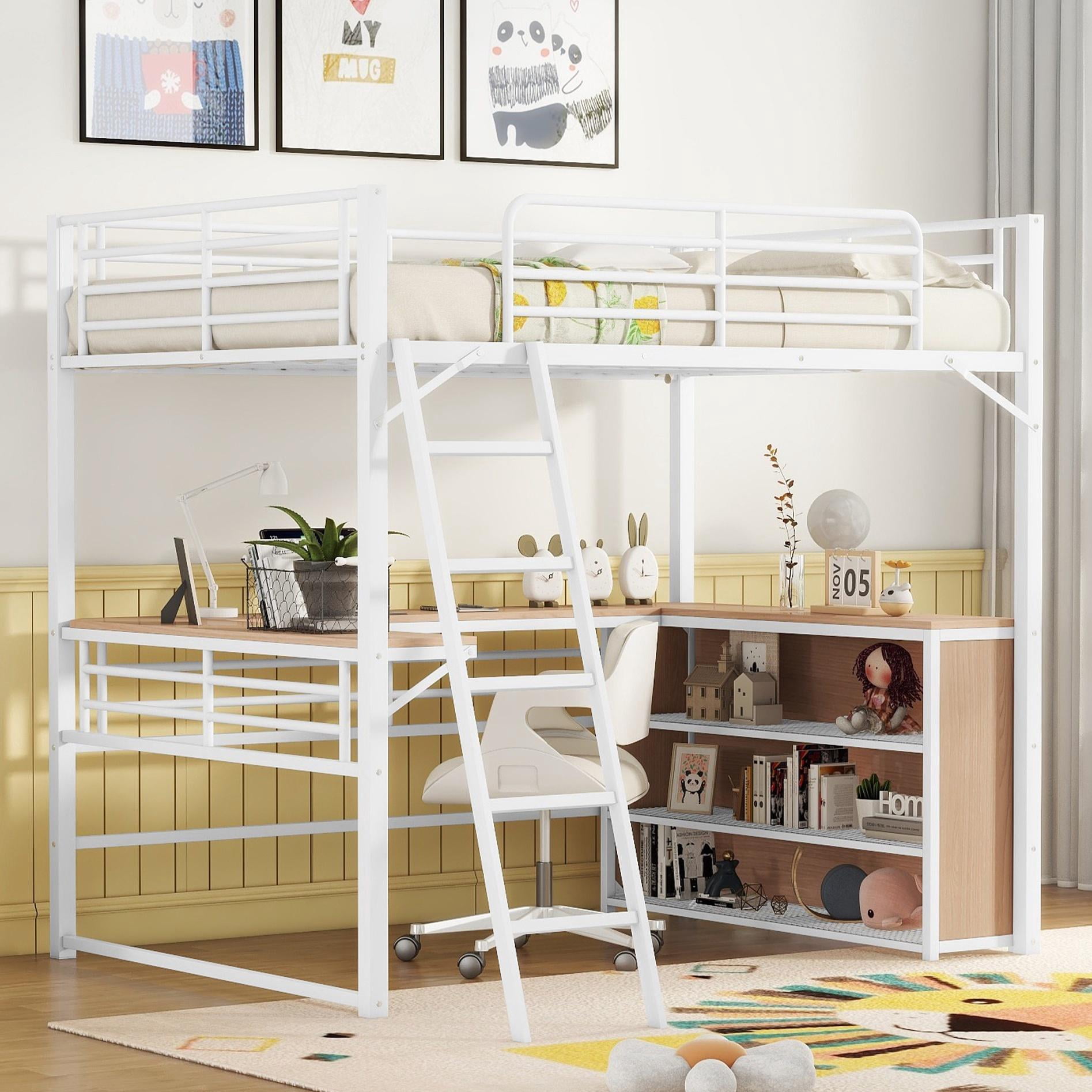 Bellemave Full Size Loft Bed with Desk and Bookshelf, Metal Loft Bed ...