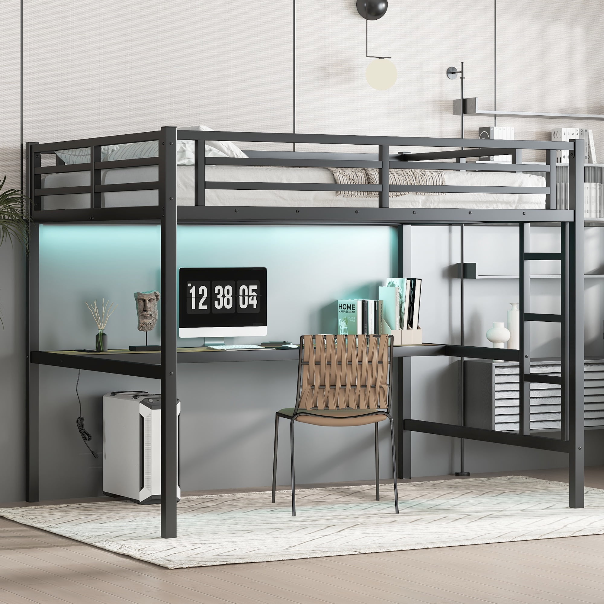 Bellemave Full Size Loft Bed with Desk and LED Light Metal Loft Bed ...