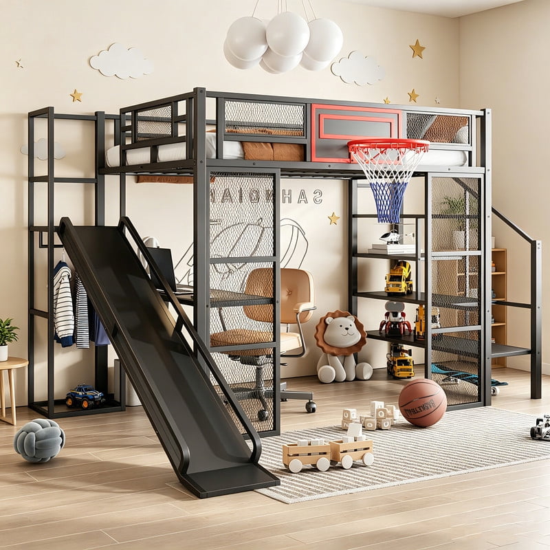 Bellemave Full Size Loft Bed with Desk, Slide, Stairs and Basketball ...
