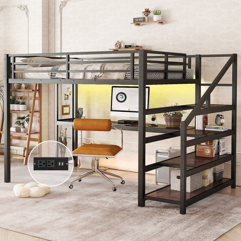 Bellemave Full Size Loft Bed with Desk and Stairs, Heavy Duty Gaming ...
