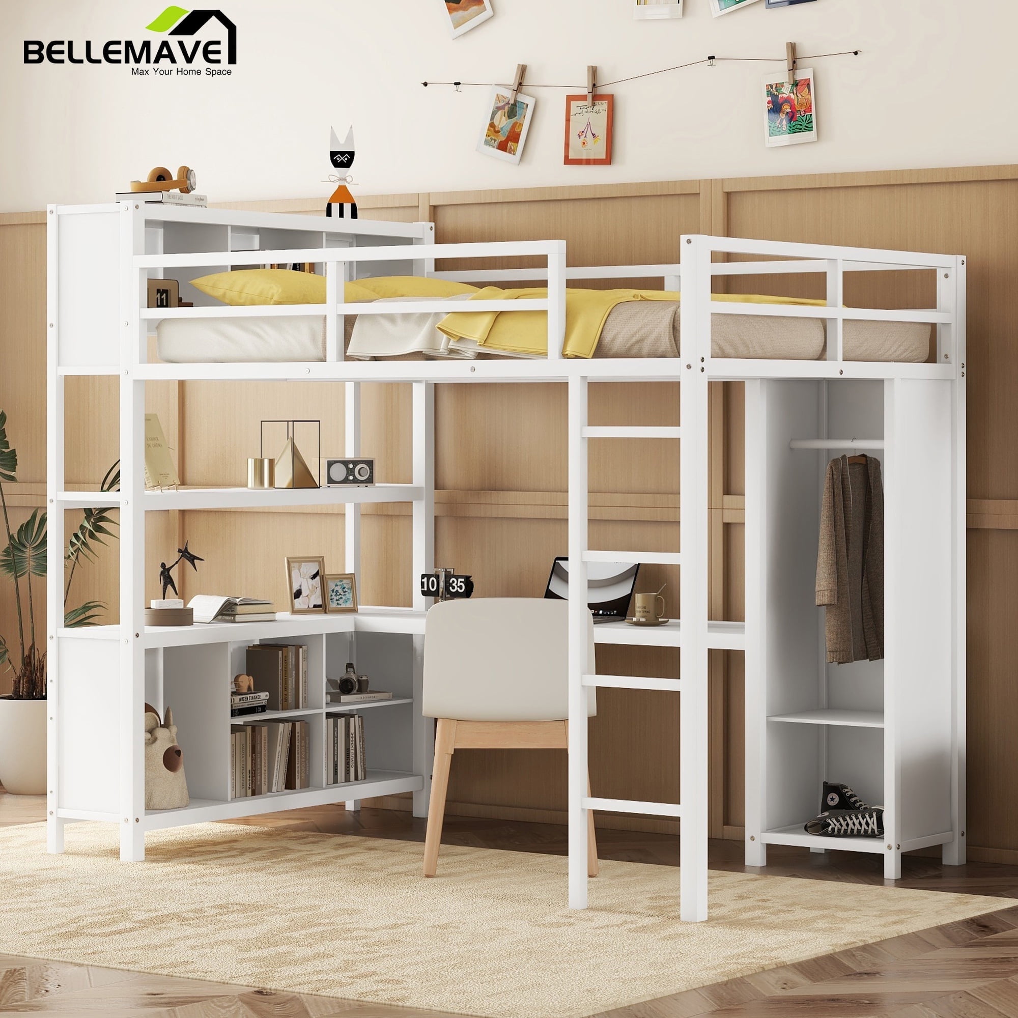 Bellemave Full Size Loft Bed with Desk and Storage, Metal Loft Bed ...