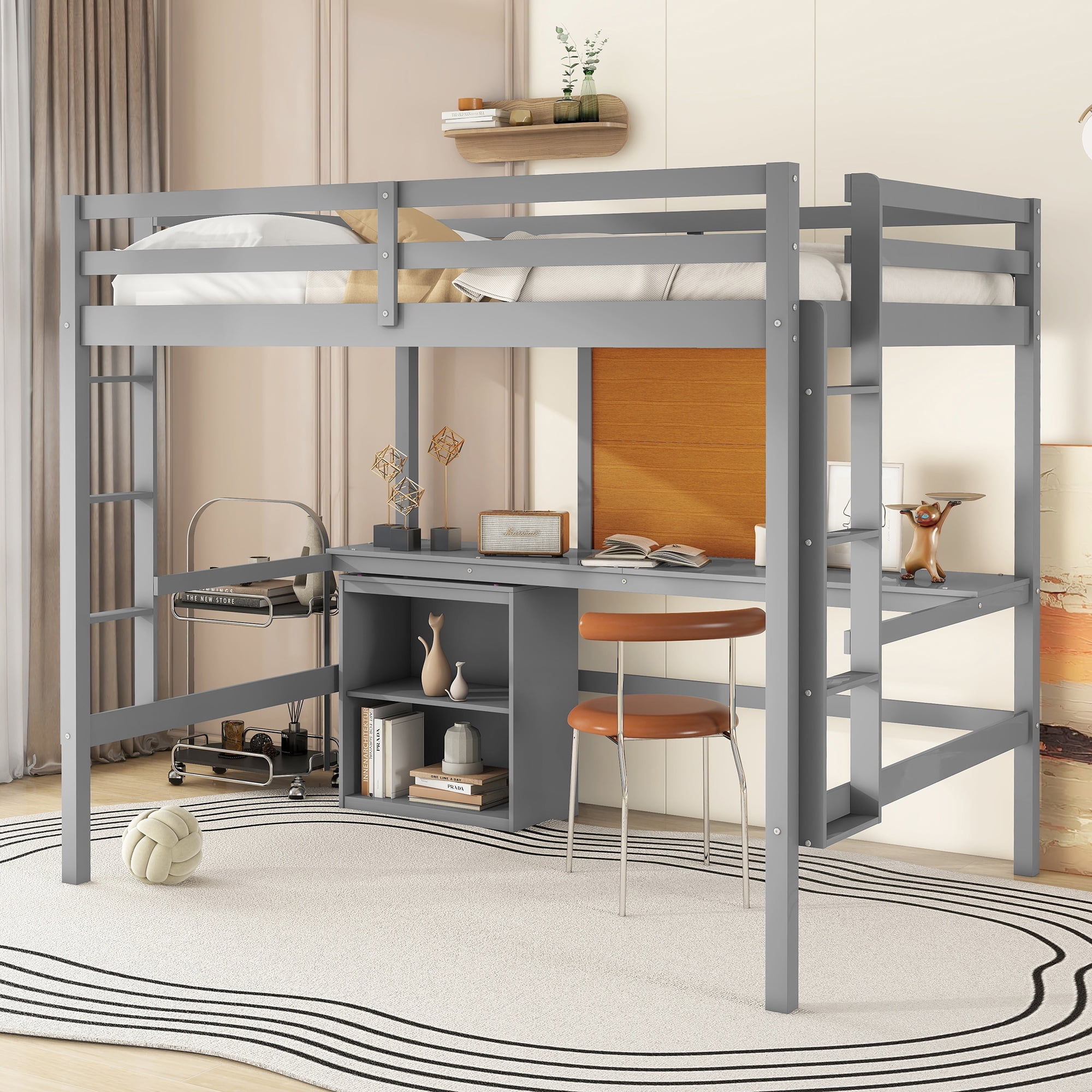 Bellemave Full Size Loft Bed Frame with Desk, Writing Board & 2 Drawers Cabinet, Solid Wood ...