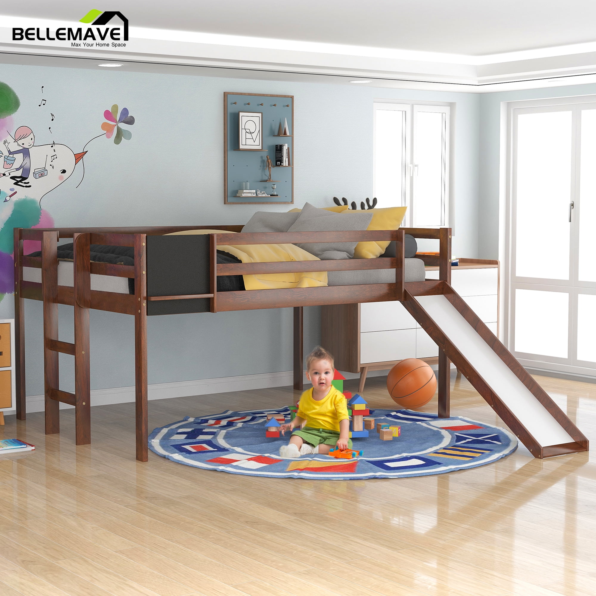 Bellemave Full Size Loft Bed Frame with Slide and Ladder, Wood Low Loft ...