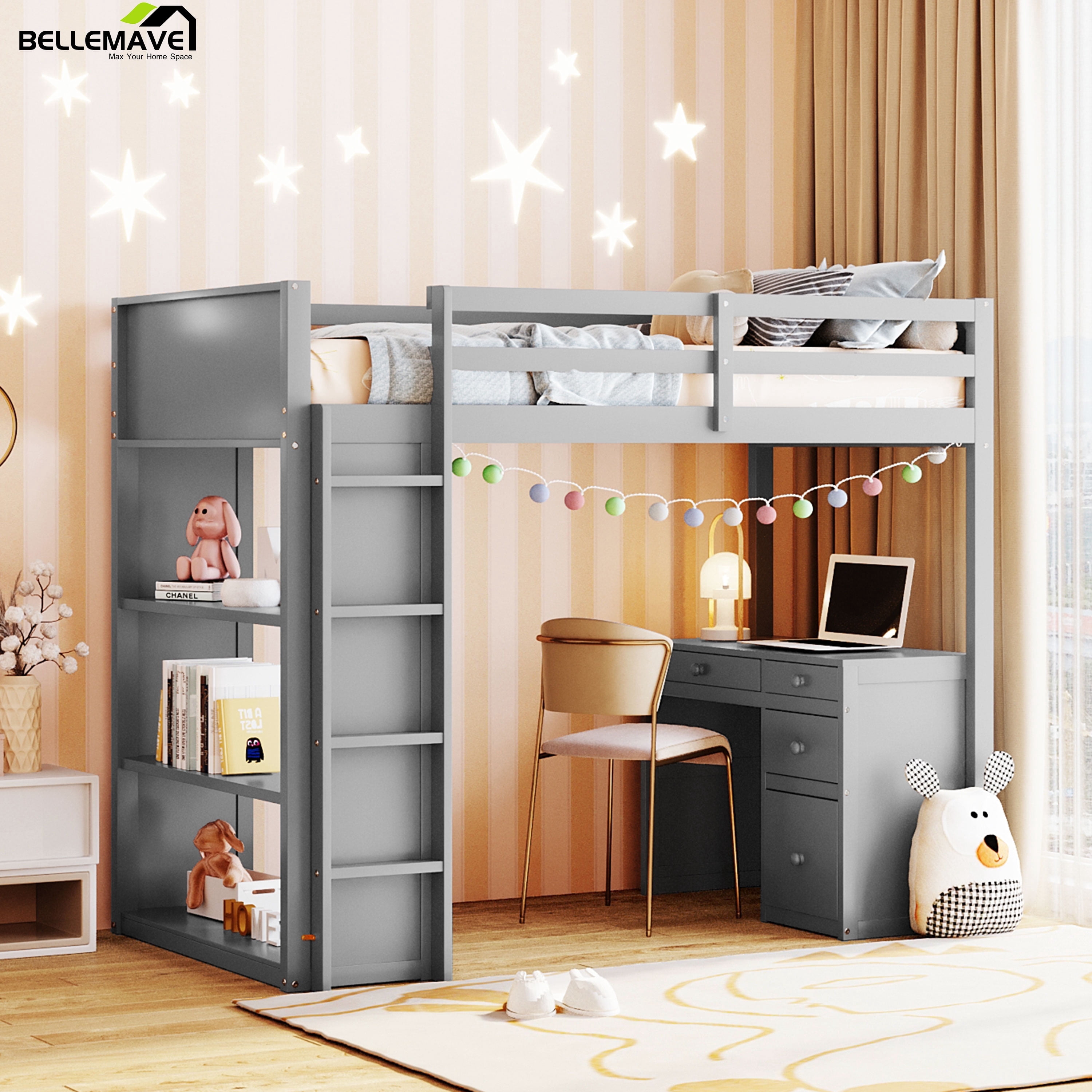 Bellemave Built Full-Size Loft Bed with Desk, Shelves, Storage, and ...