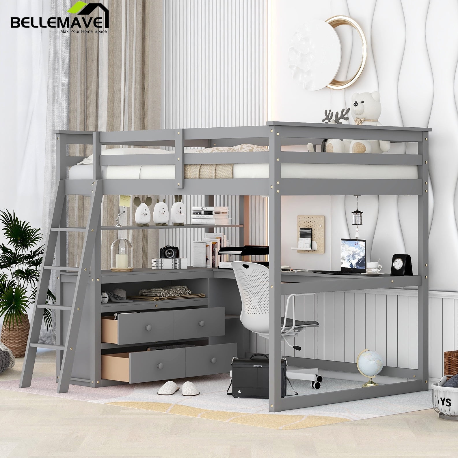 Bellemave Full Size Loft Bed with Desk and Storage, Wood Loft Bed Frame with Shelves and Built ...