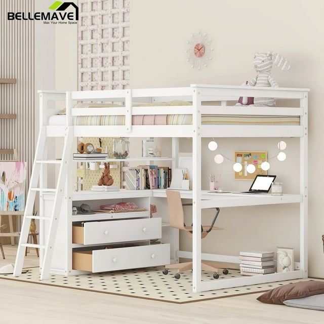 Bellemave Full Size Loft Bed with Desk and Storage, Wood Loft Bed Frame ...
