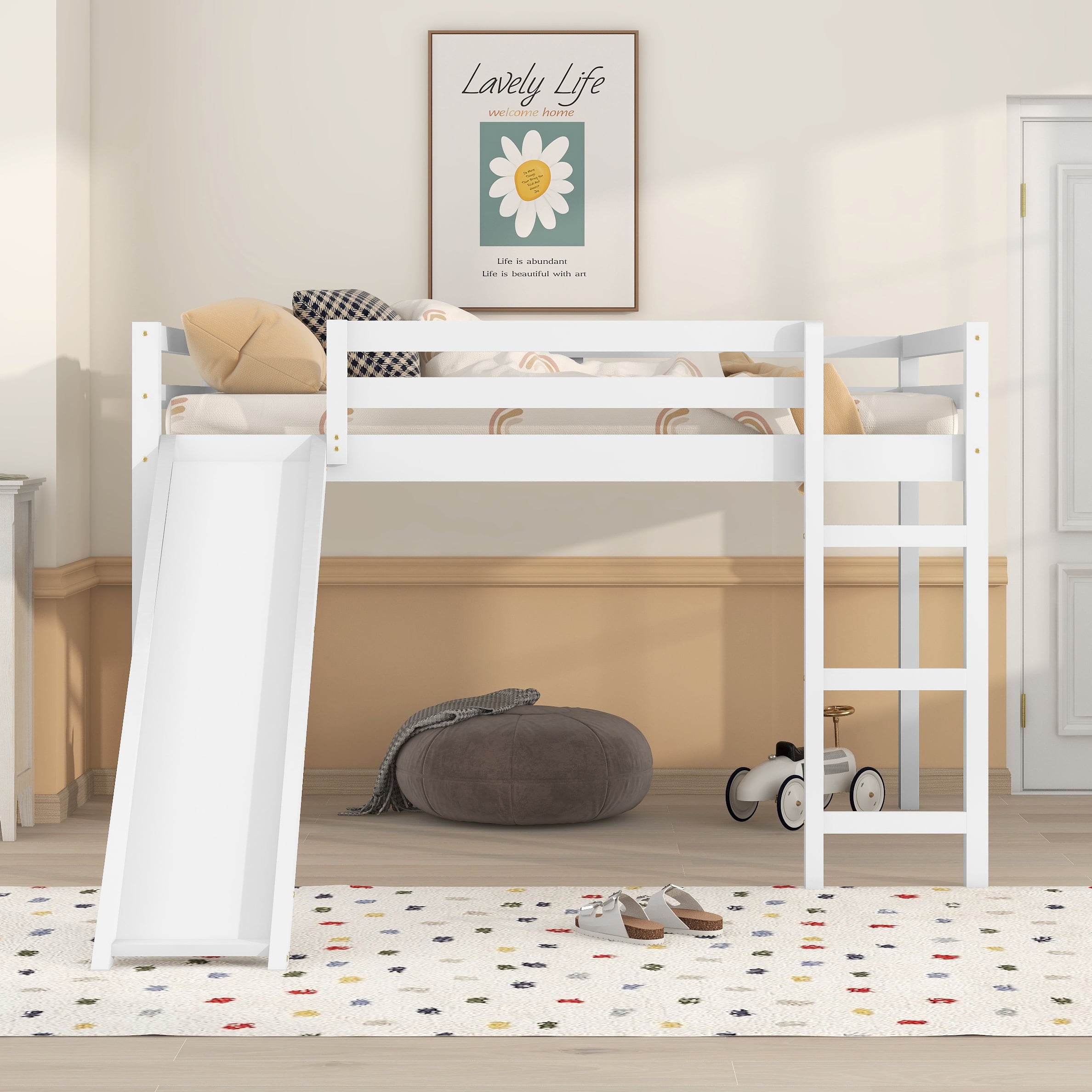 Bellemave Full Size Loft Bed with Slide, Solid Wood Full Bed Frame with ...