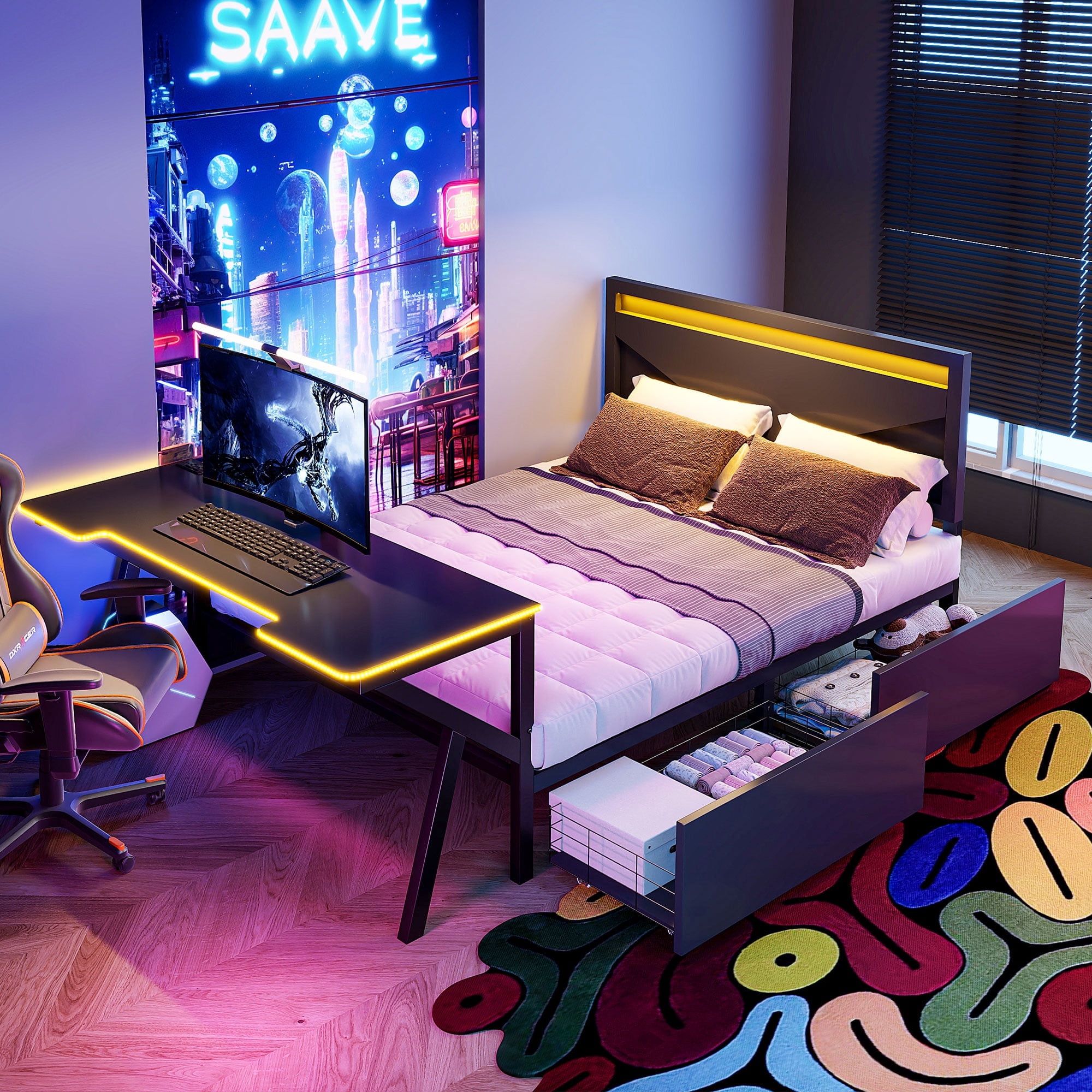 Bellemave Full Size Metal Gaming Platform Bed with Desk and Drawers E ...