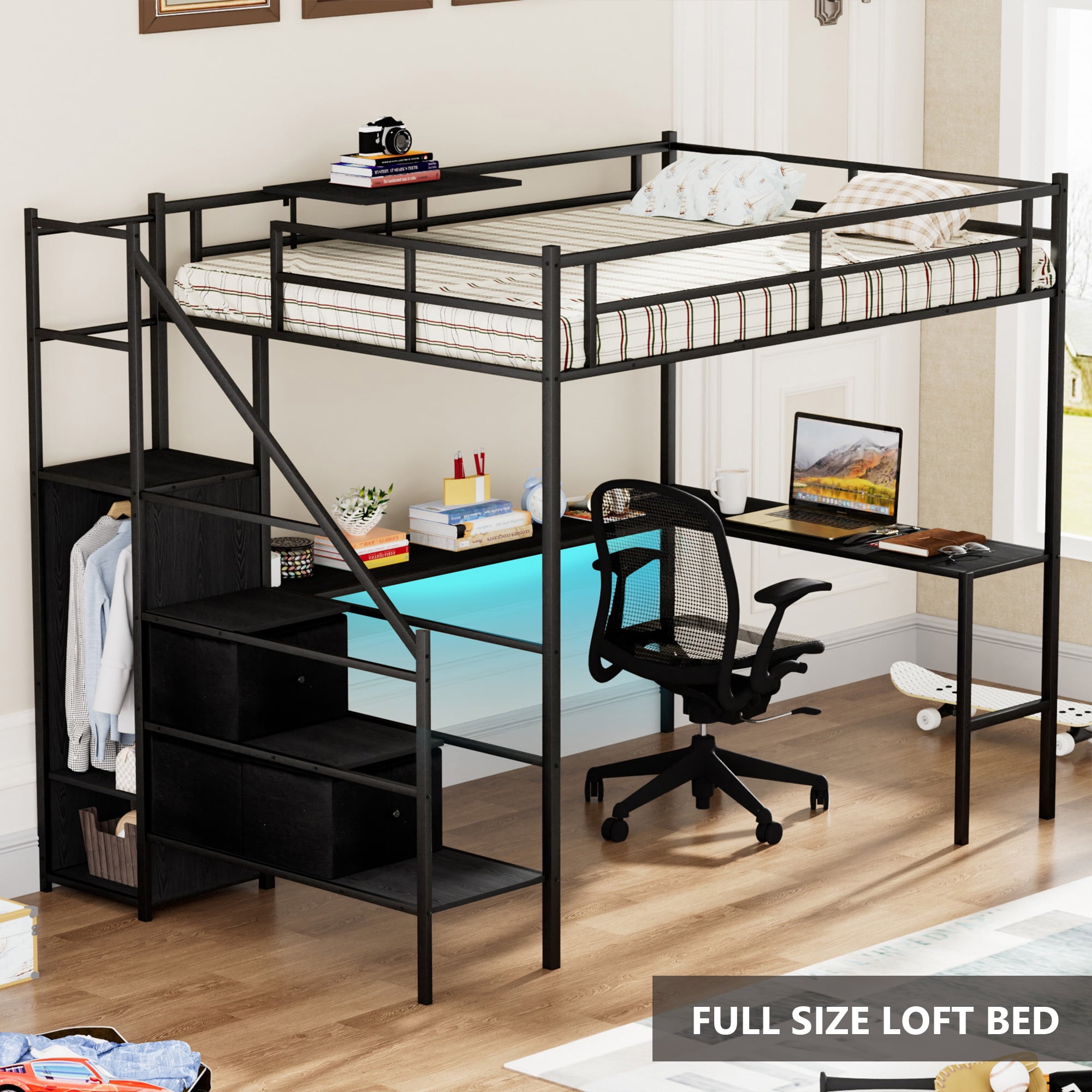 Bellemave Full Size Metal Loft Bed with L-shaped Desk and Stairs Loft ...