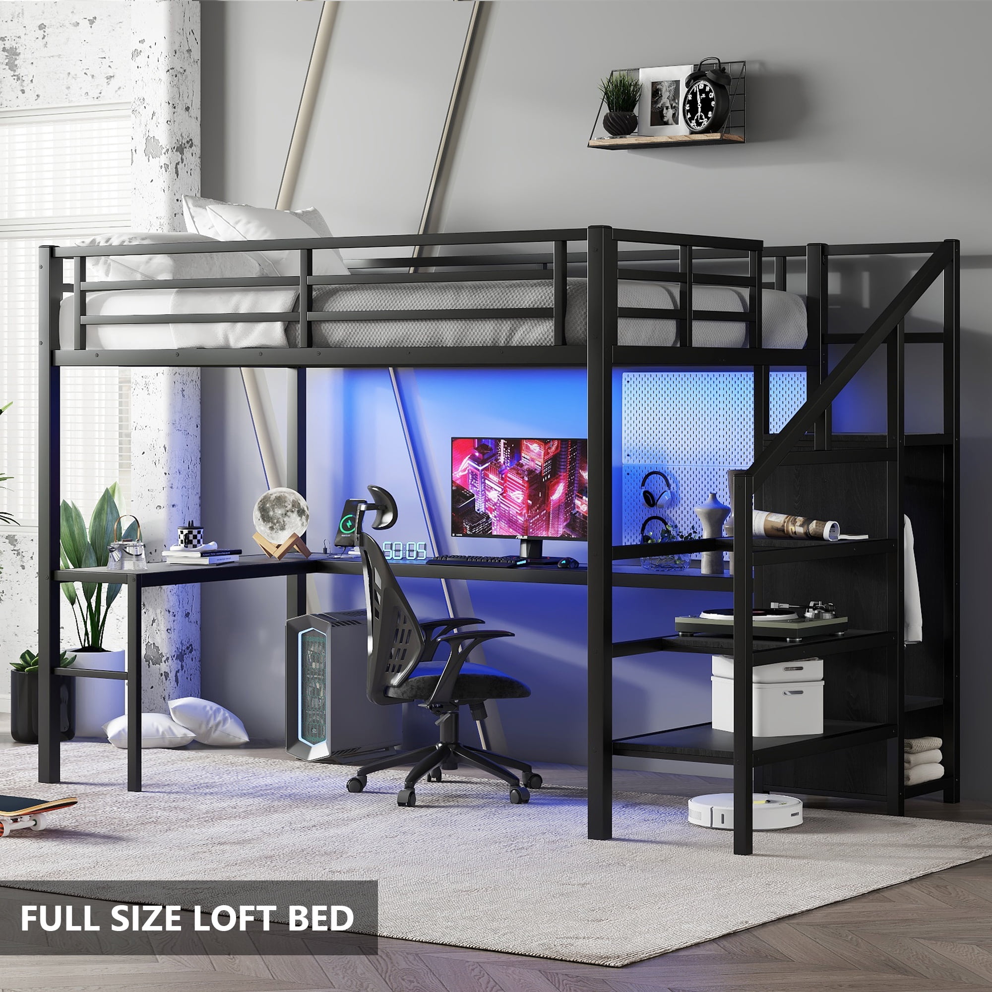 Bellemave Full Size Metal Loft Bed with Desk, Storage, Wardrobe, Shelf ...