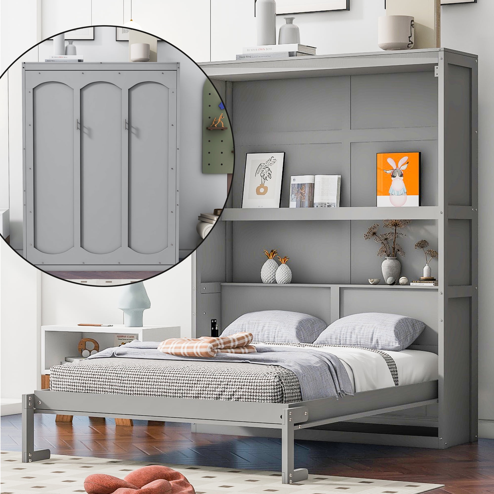 Bellemave Full Size Murphy Bed, 68 Inch Wall Bed, Wood Space-Saving Bed ...