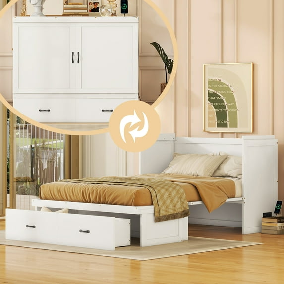 Bellemave Full Murphy Bed, Solid Wood, USB Port, Modern, 2 Drawers ...