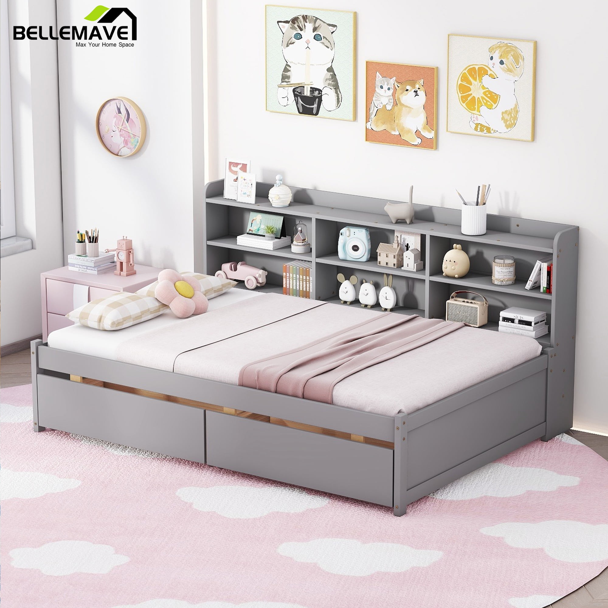 Bellemave Full Size Platform Bed with Bookcases and Drawers Space ...