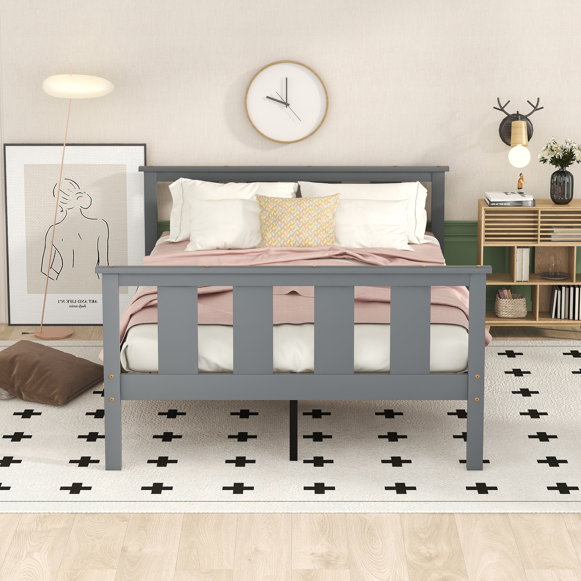 Bellemave Full Size Pine Wood Platform Bed Frame with Slat Headboard ...