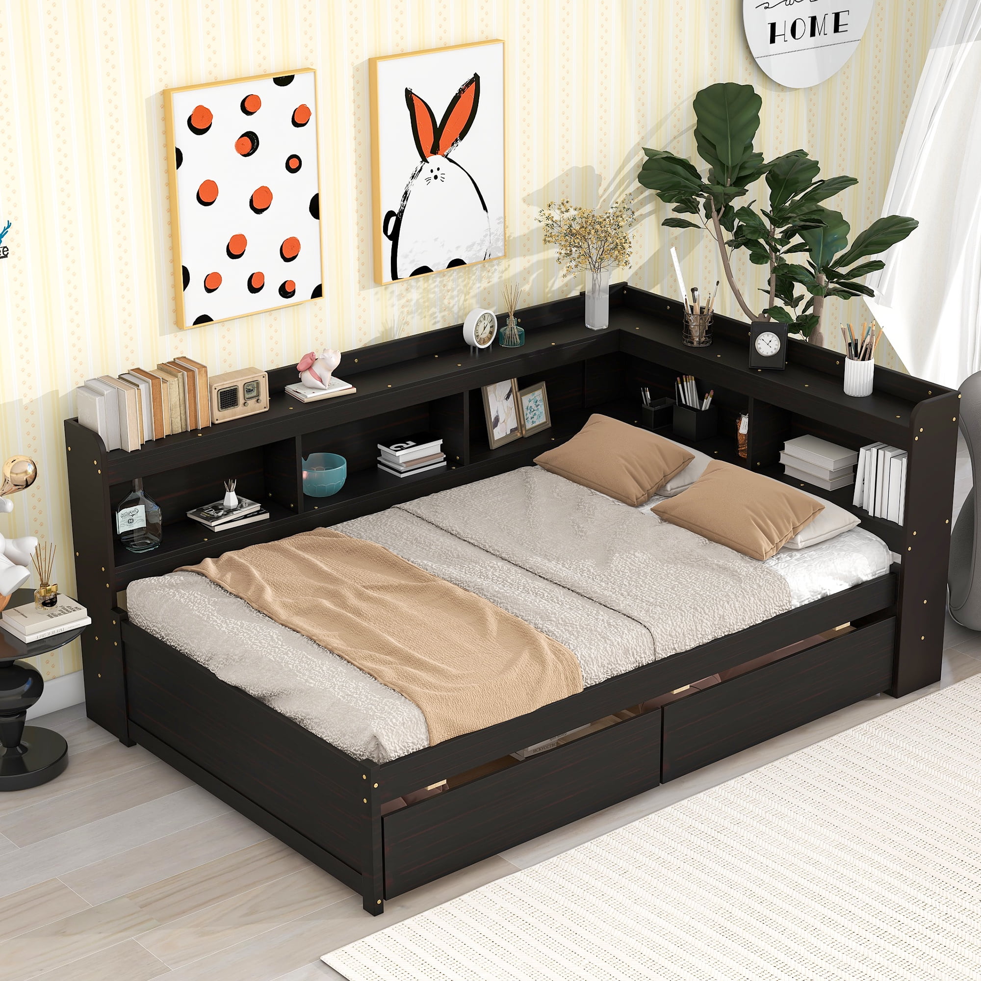 Bellemave Full Size Platform Bed with L-Shaped Bookcases and Storage ...