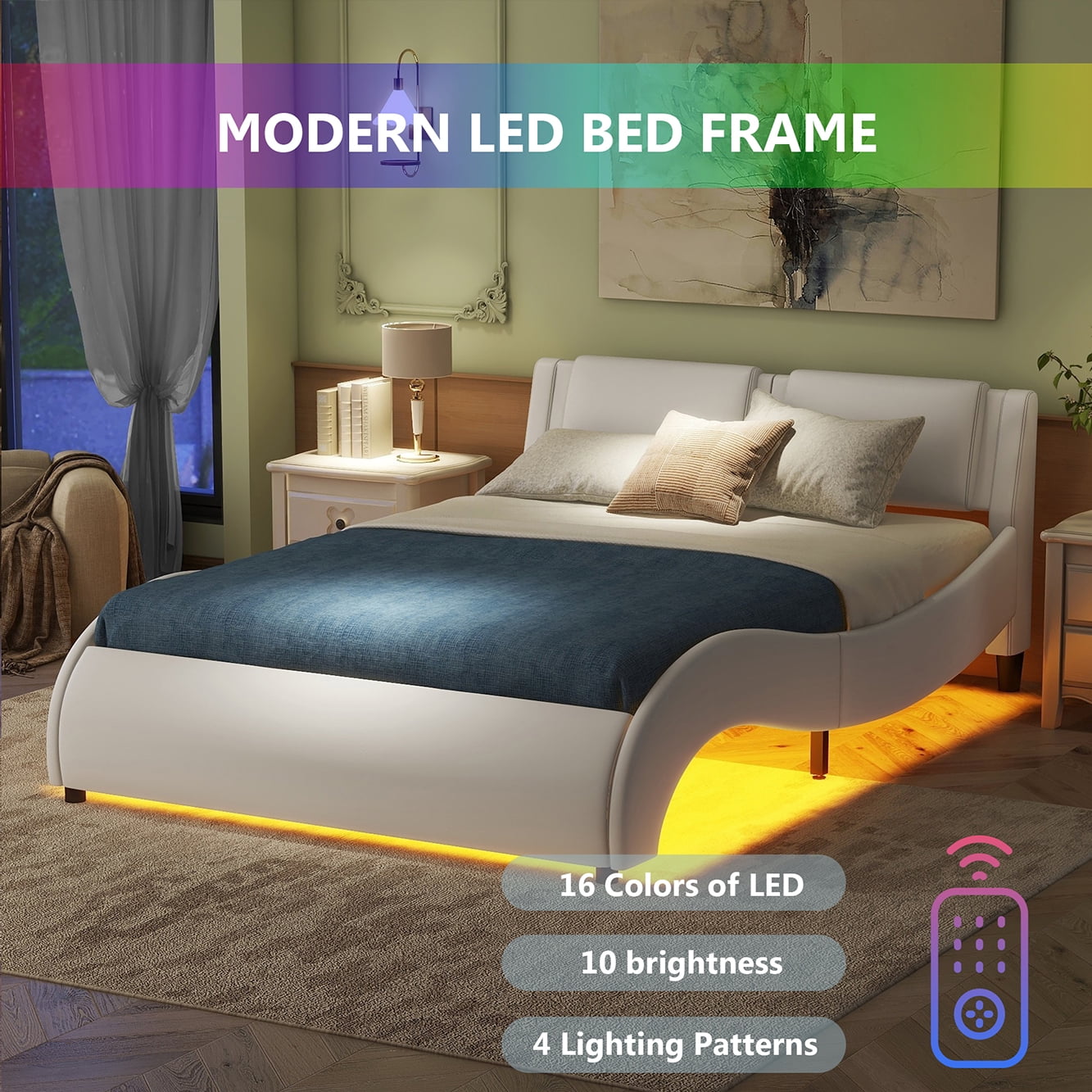 Bellemave Full Size Upholstered Platform Bed with LED Lights Underneath ...