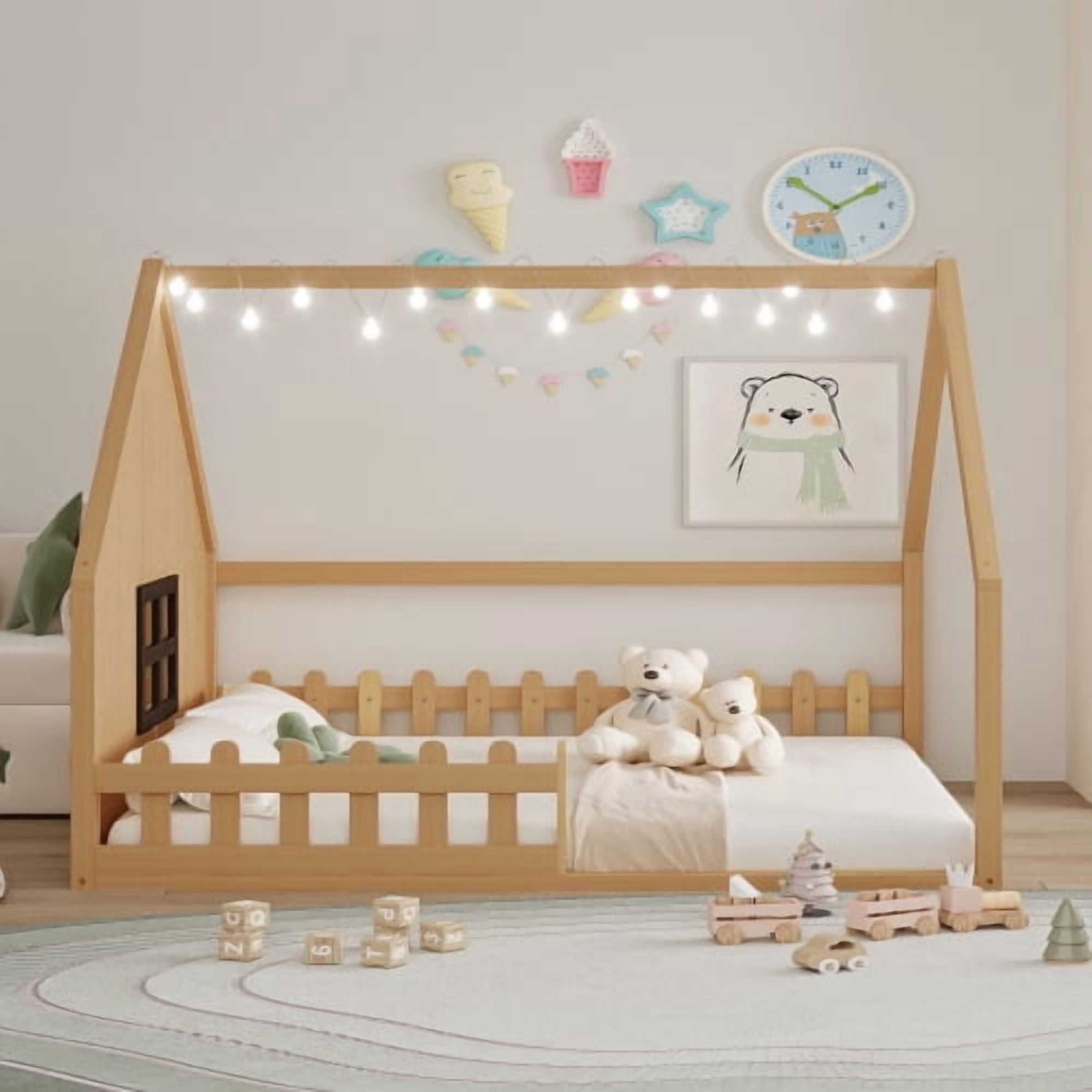 Bellemave Full Size House Bed Frames, Wooden Montessori Floor Bed with ...