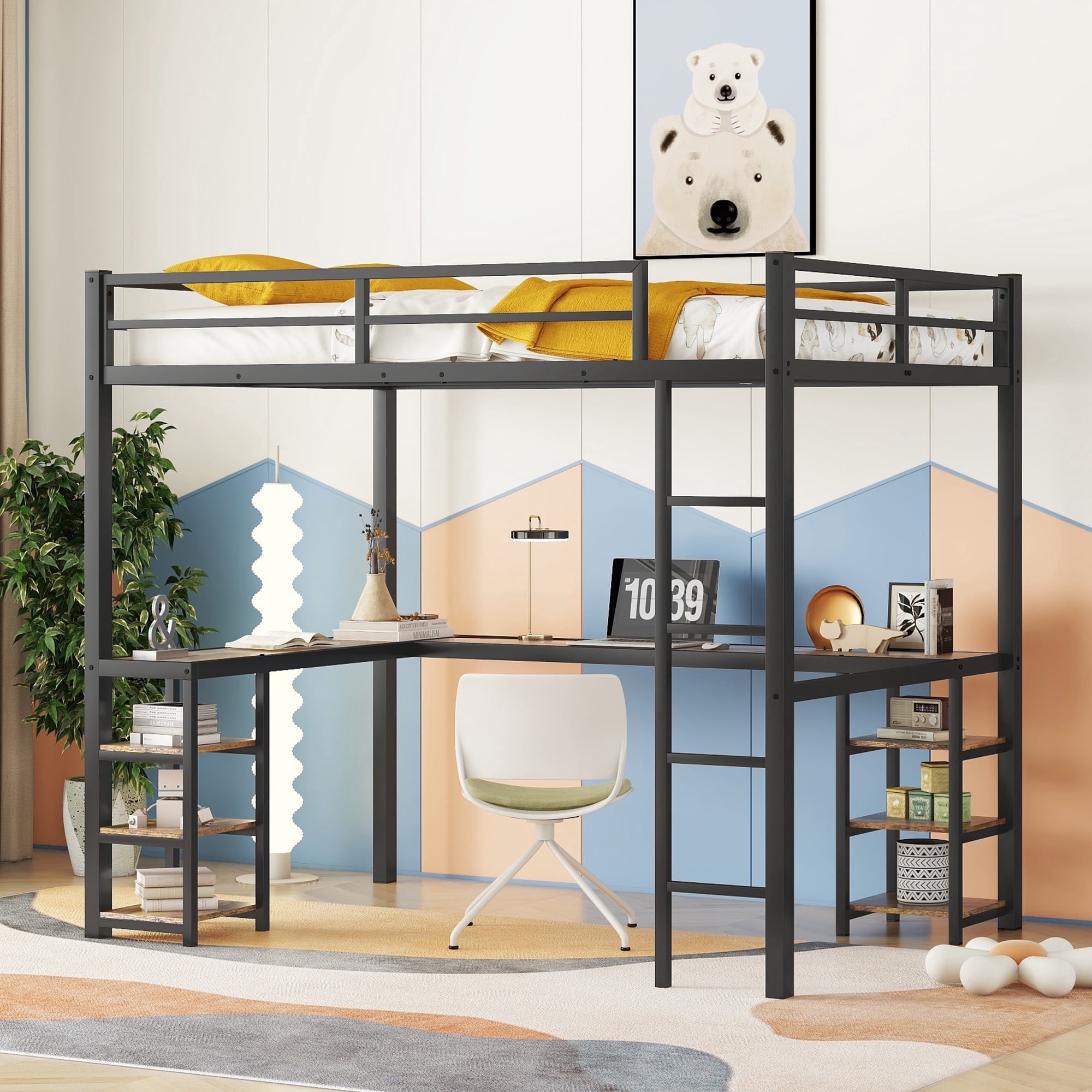Bellemave Full Size Loft Bed, L Shaped Desk, Full Length Guard Rail ...