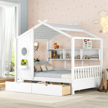 Churanty Twin Size House Bed with Trundle, Wood Kids House Bed Frame ...