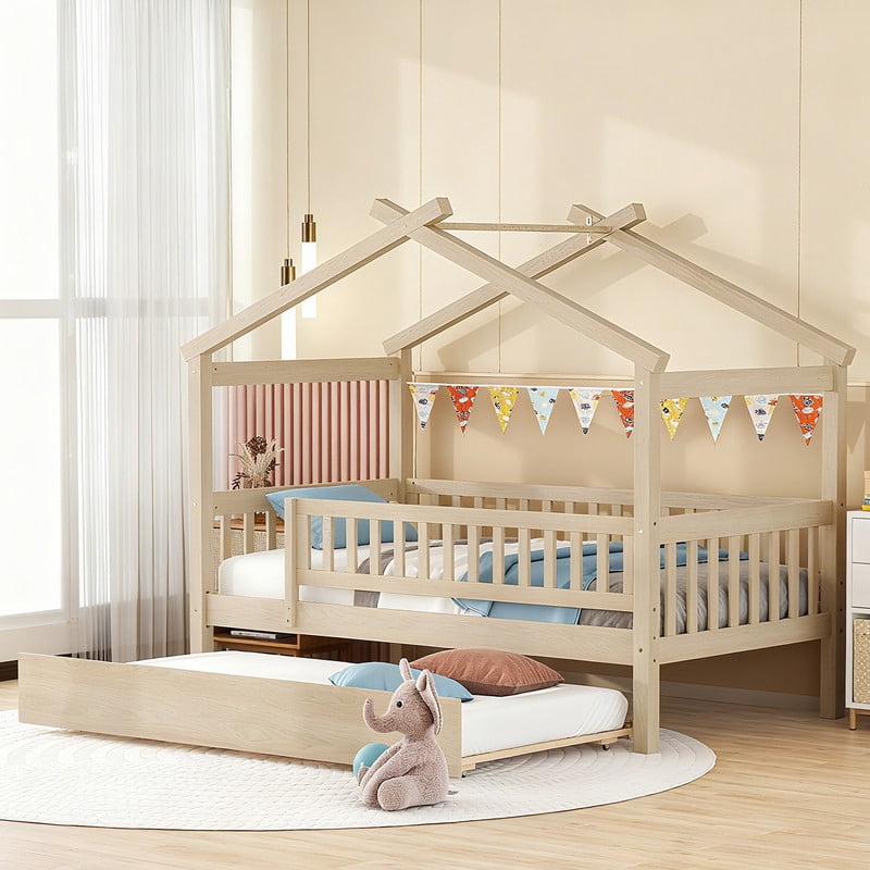 Bellemave Full Size House Bed with Trundle, Storage Shelves, and Fence ...