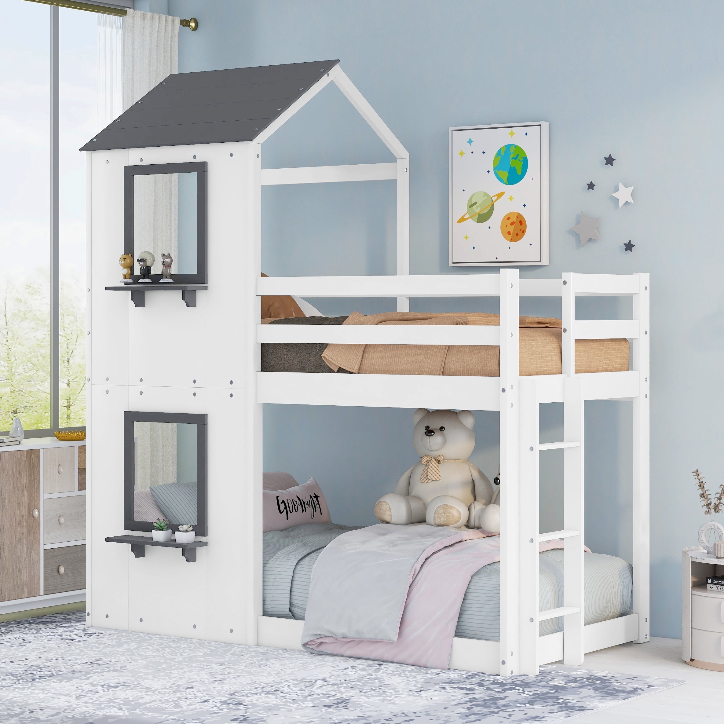 Bellemave Wooden House Bunk Bed for Kids, Twin Over Twin, No Box Spring ...