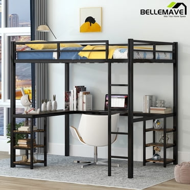 Bellemave Wooden Twin Loft Bed with Stairs, Desk, Bookcase, Storage ...