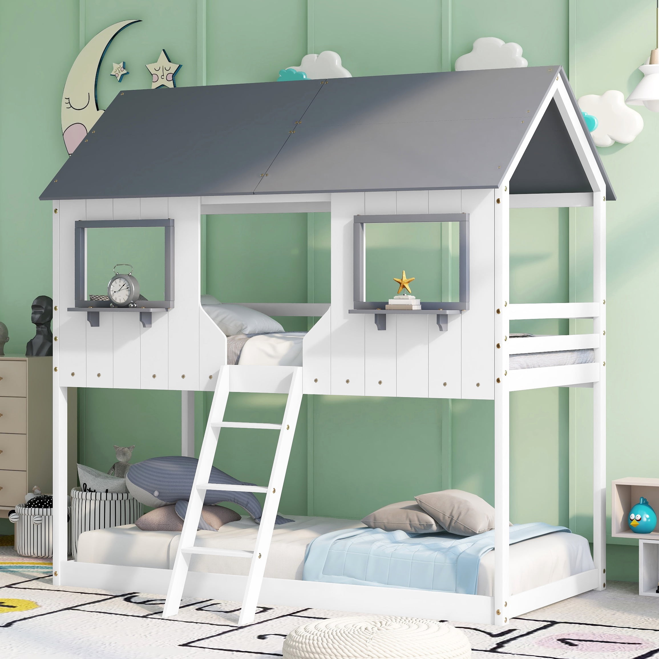 Bellemave Kids Bunk Bed Twin Over Twin, Wooden House Bunk Bed with Roof ...