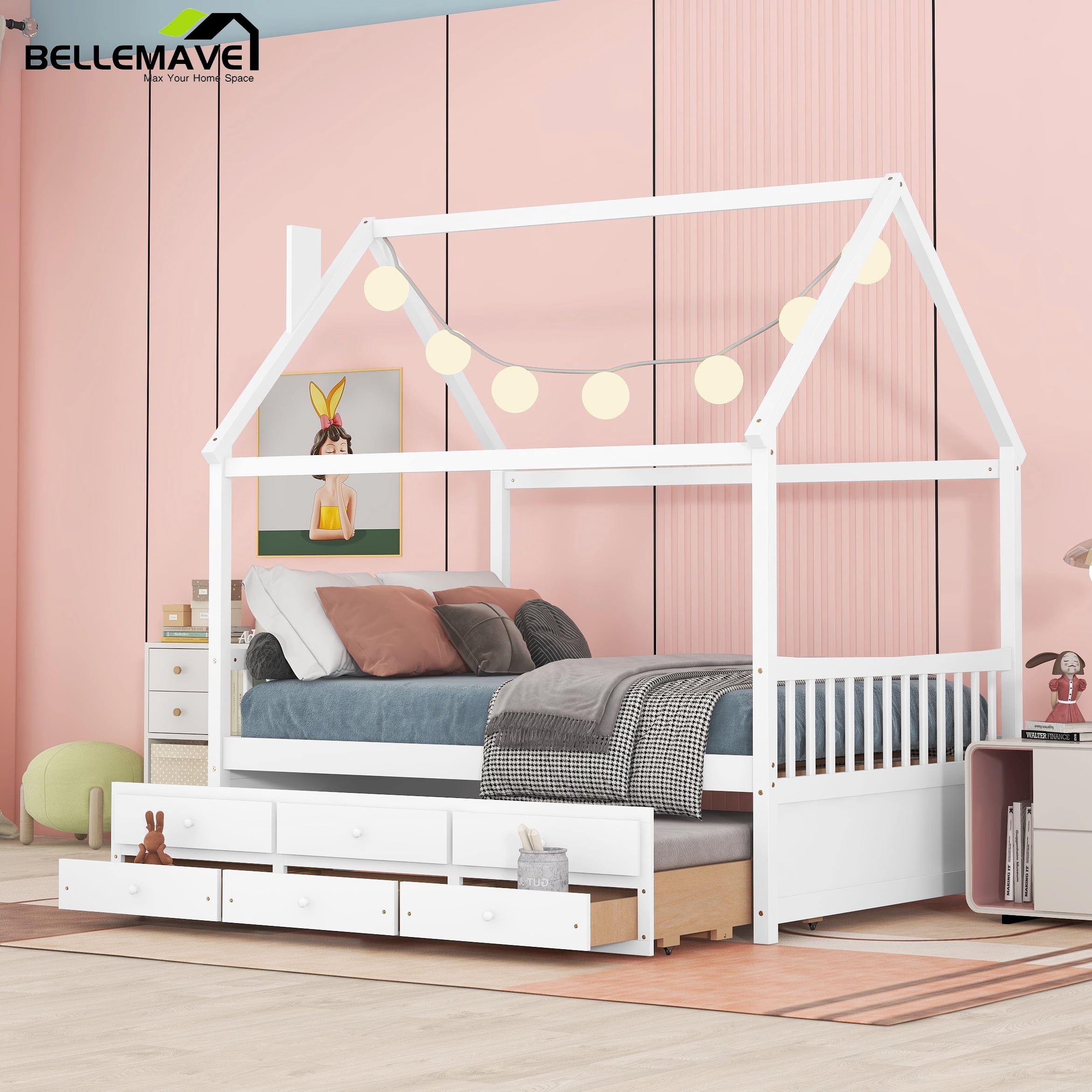 Bellemave Kids House Bed with Trundle and Drawers Full Size Platform ...