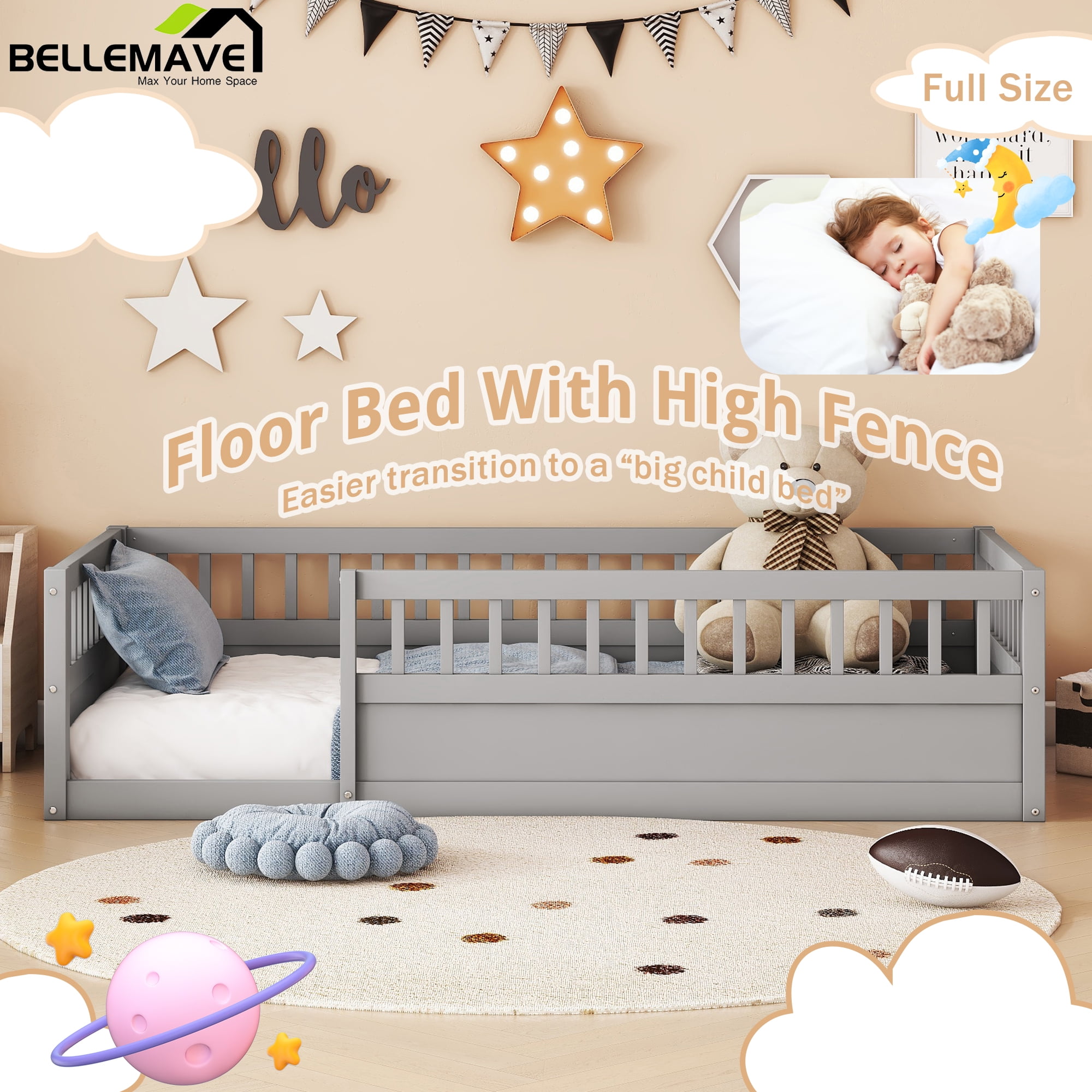 Bellemave Kids Montessori Floor Bed,Full Size Floor Bed with Fence for ...