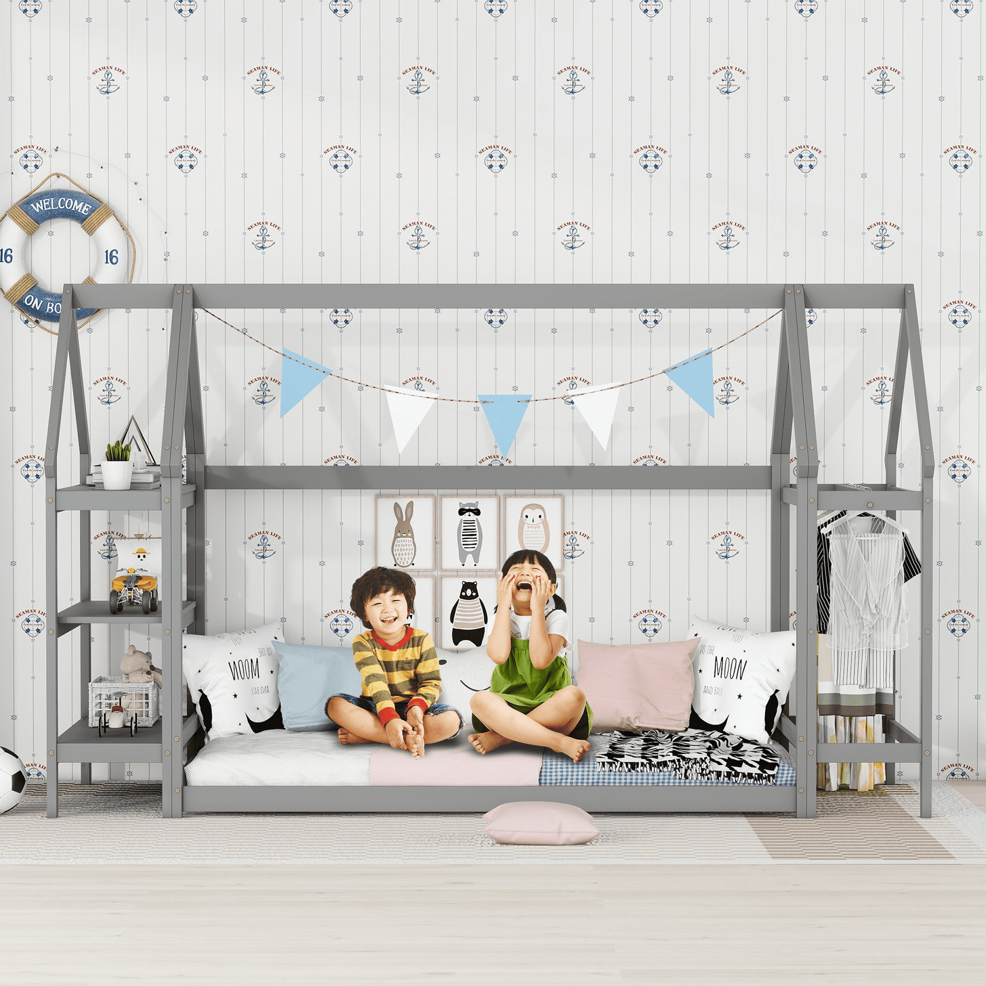 Bellemave Kids Twin House Floor Bed Frame with 2 Detachable Stands ...