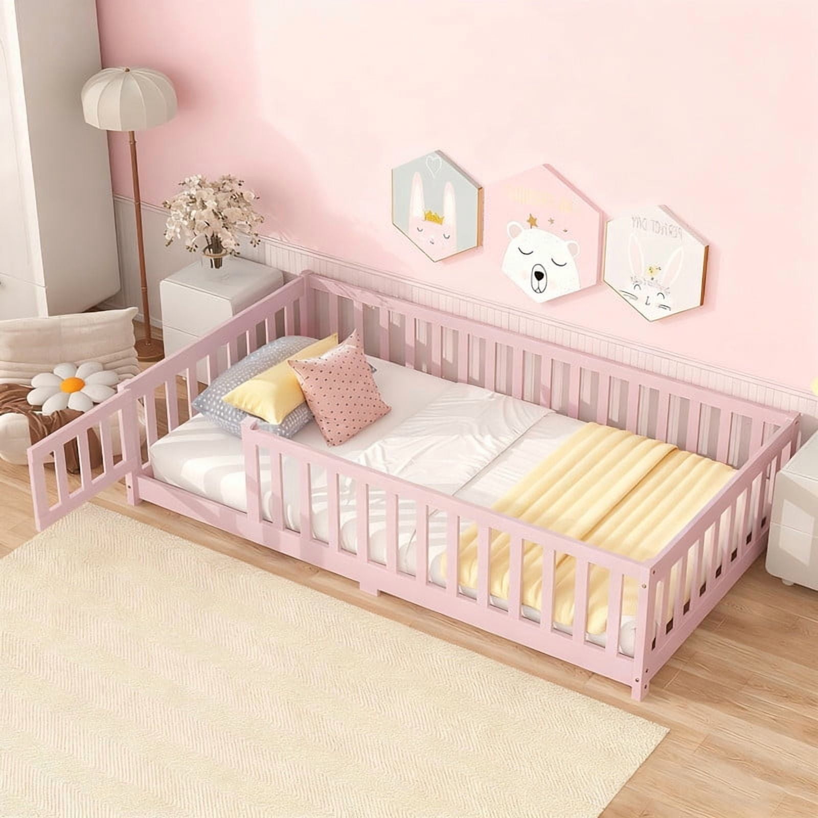 Bellemave Twin Size Floor Bed for Kids, Wood Toddler Bed with Railings ...