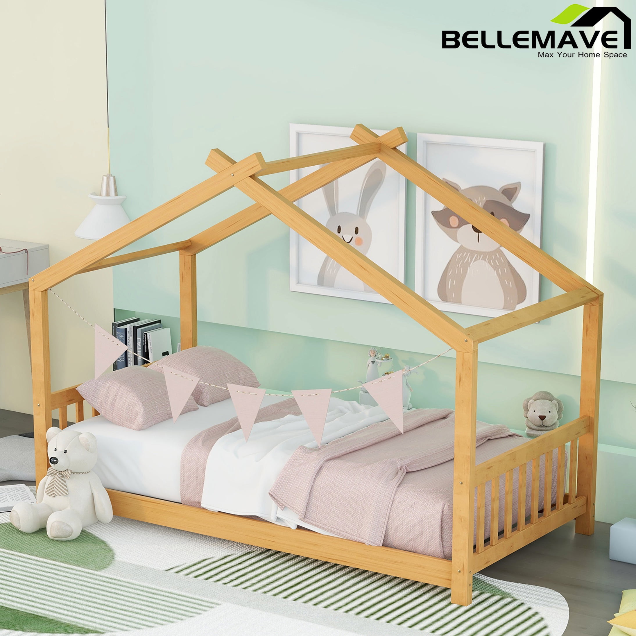 Bellemave Kids Wood House Bed with Roof,Twin Size Playhouse Low ...